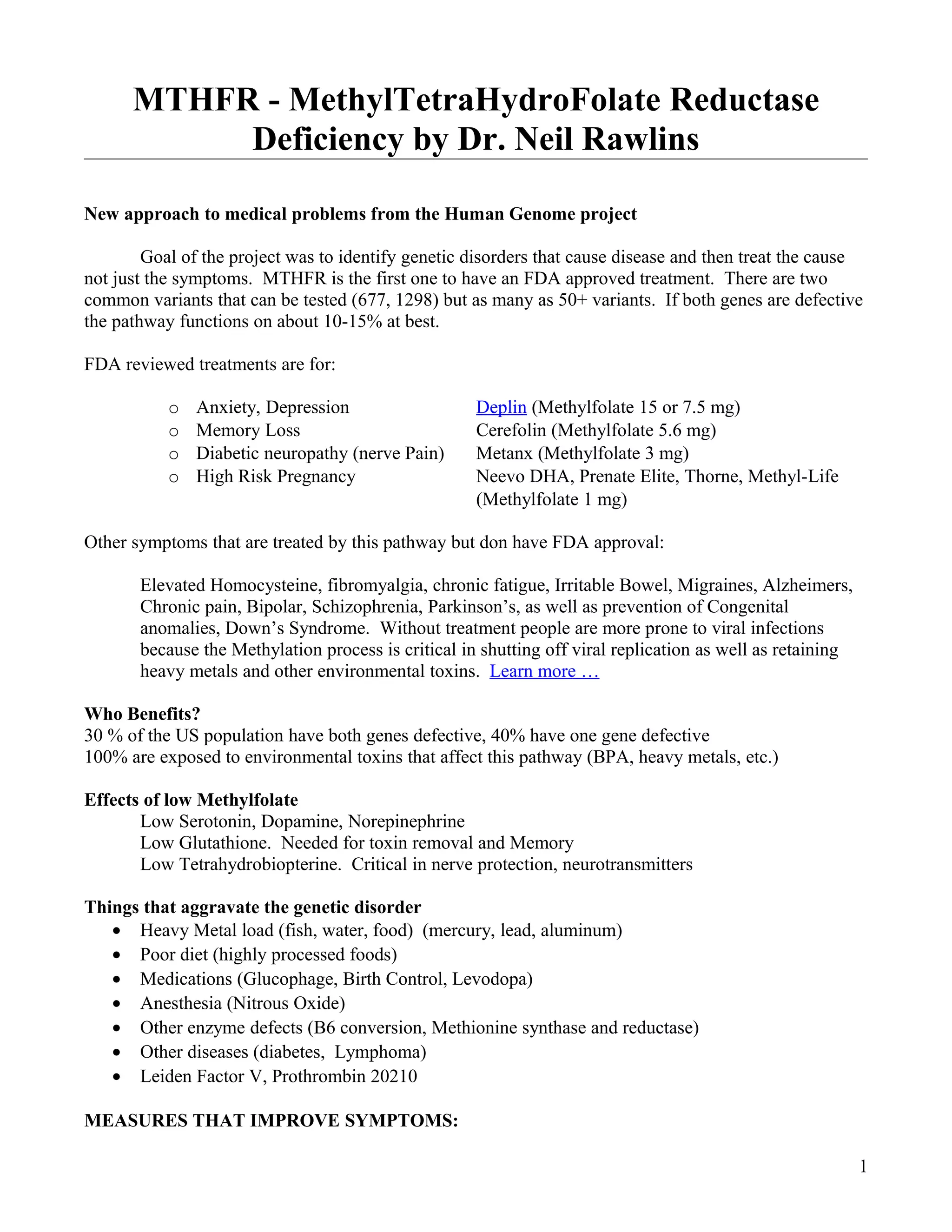 MethylTetraHydroFolate Reductase Deficiency by Dr. Neil Rawlins | DOC