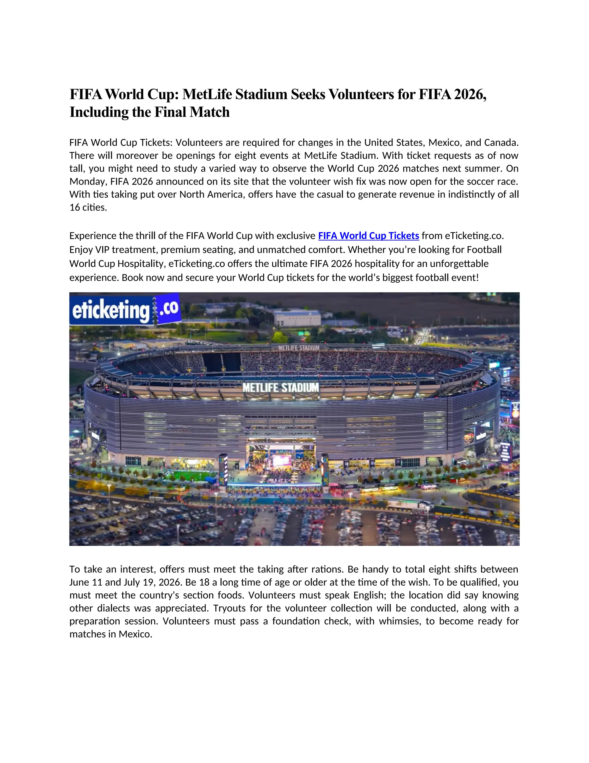 MetLife Stadium Seeks Volunteers for FIFA 2026, Including the Final ...