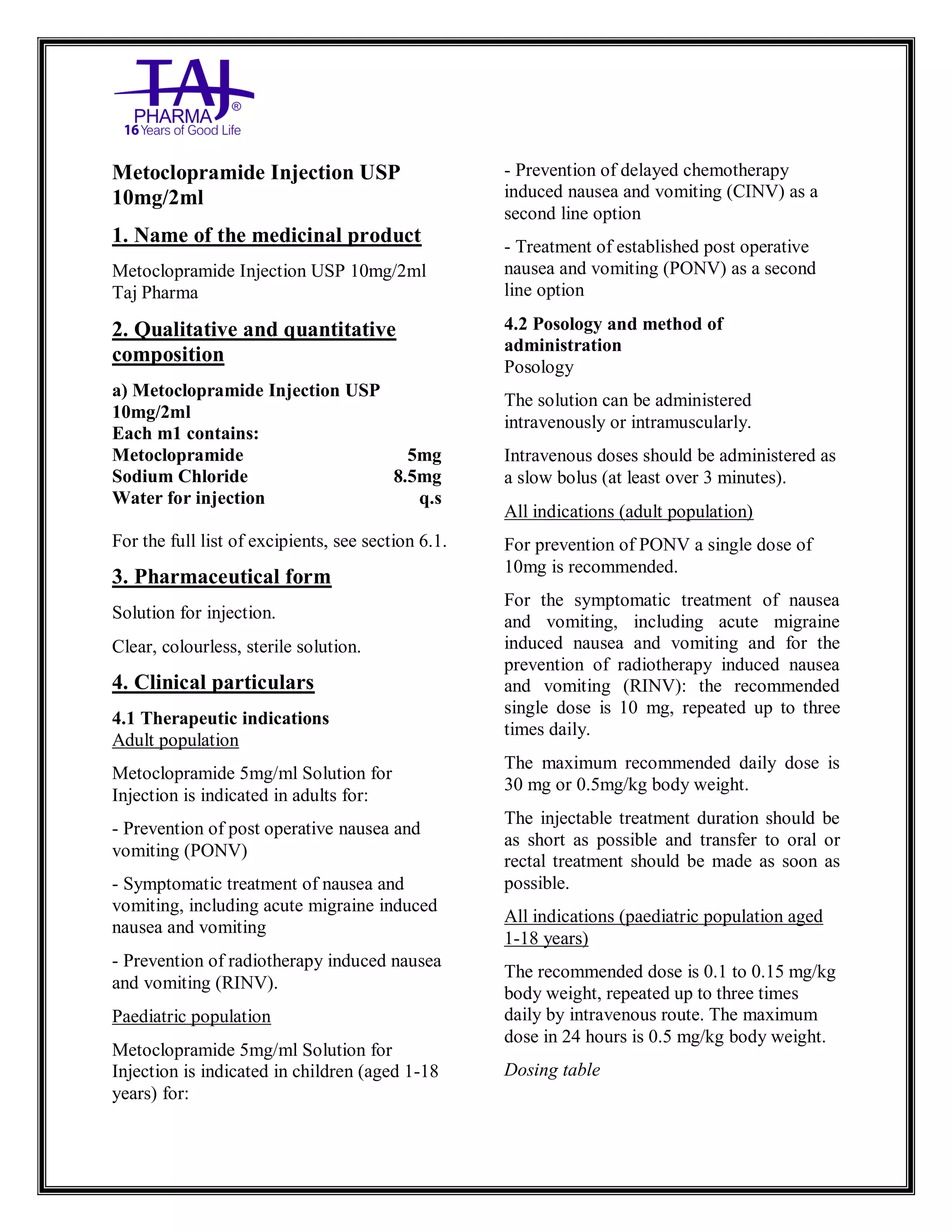 Metoclopramide Injection USP Taj Pharma SmPC | PDF