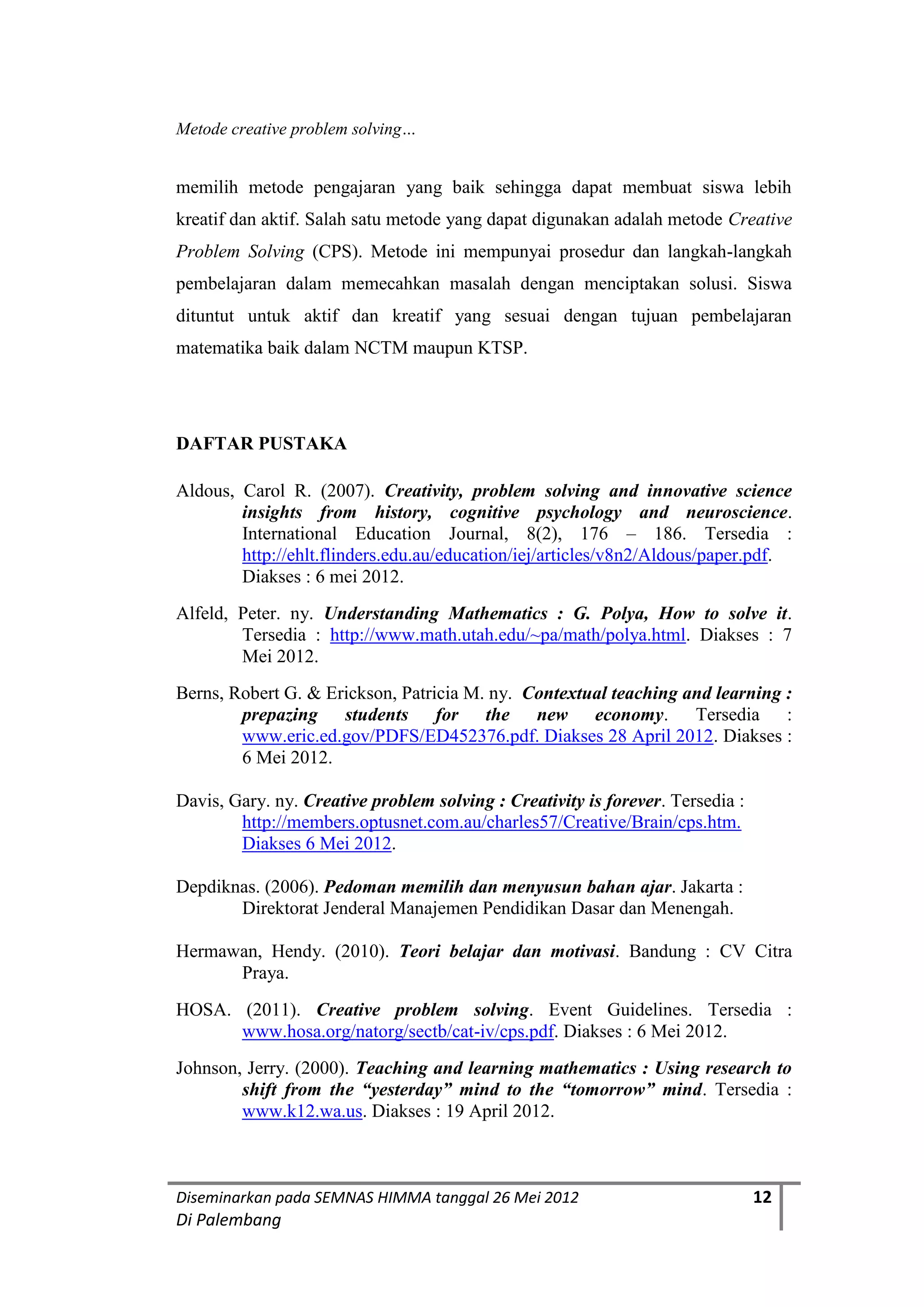 Metode creative problem solving | PDF