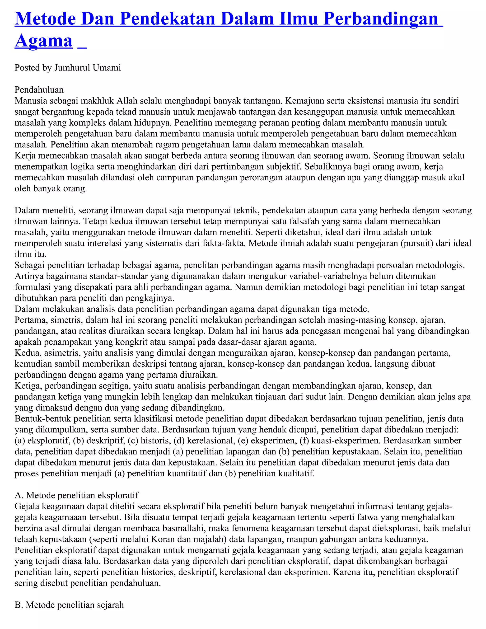 Metode dan pendekatan dalam ilmu perbandingan agama | DOC