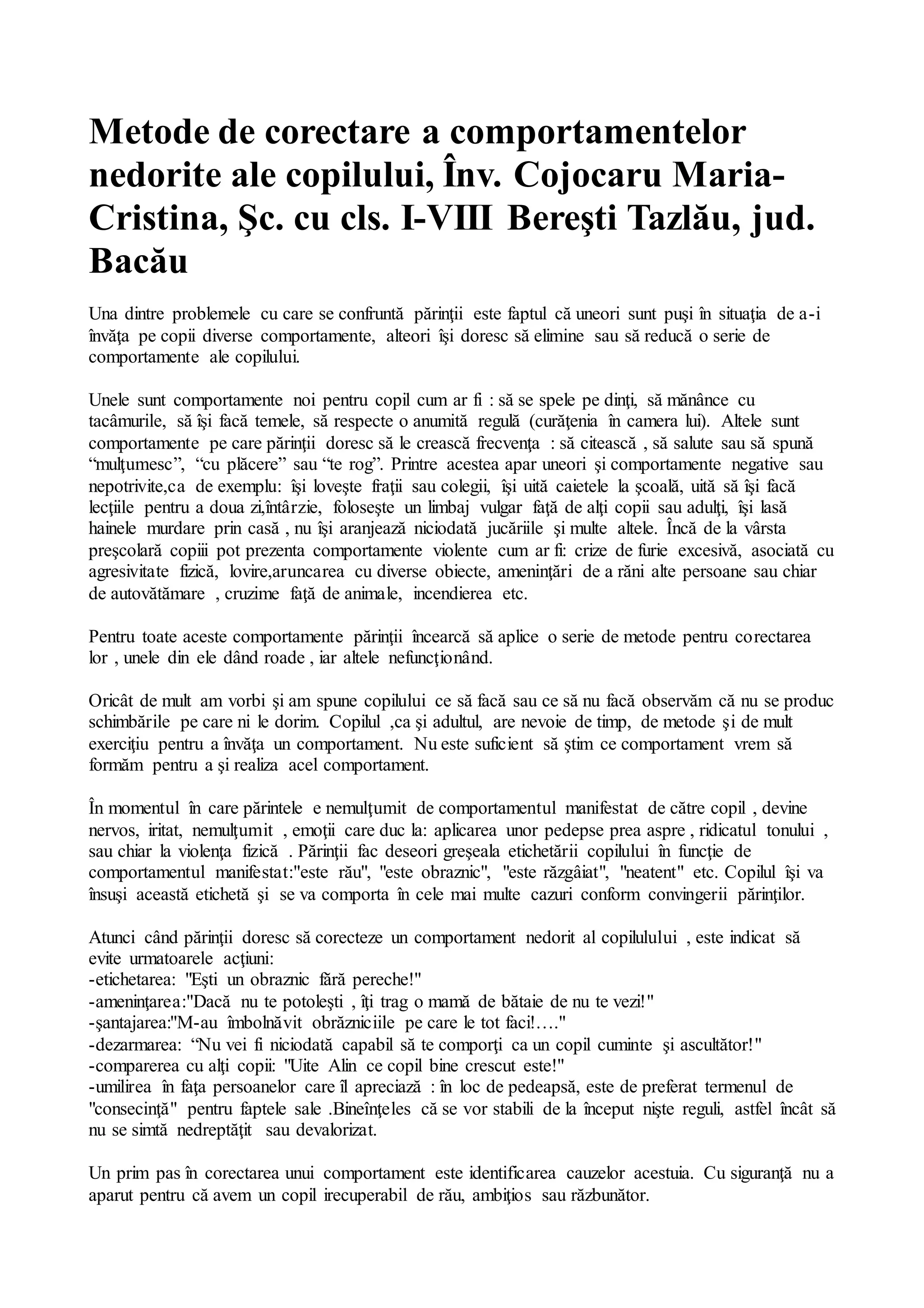 Metode de corectare a comportamentelor nedorite ale copilului | DOCX