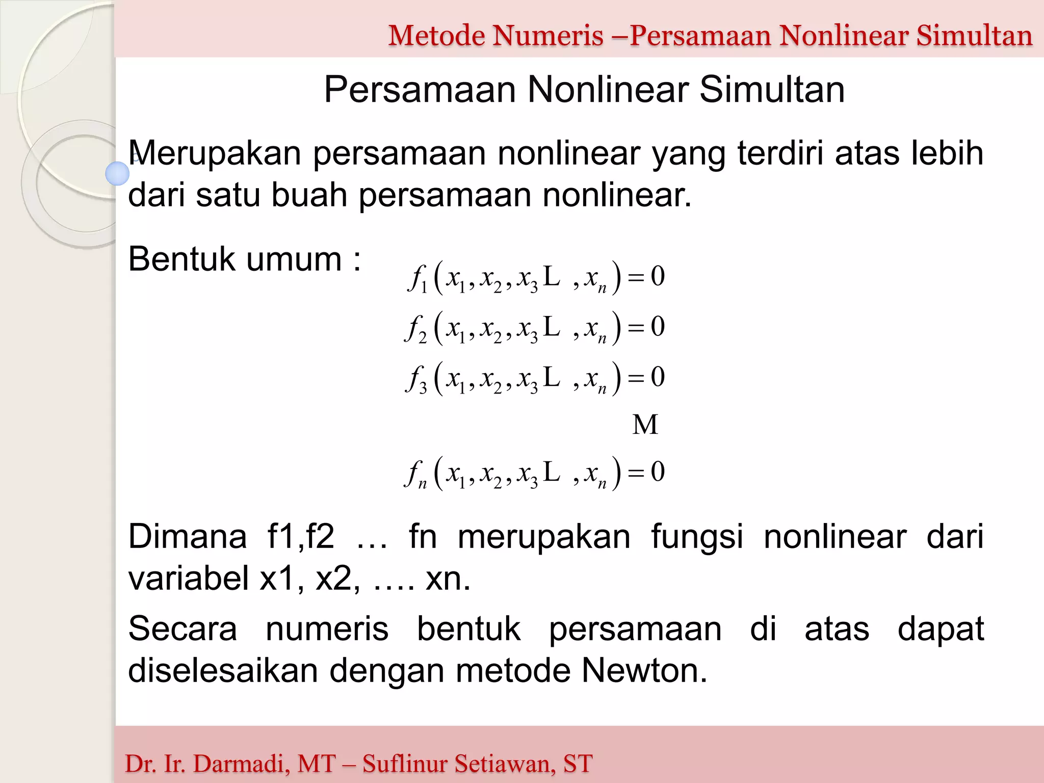 Metode numeris (s03) persamaan non linier simultan | PPSX