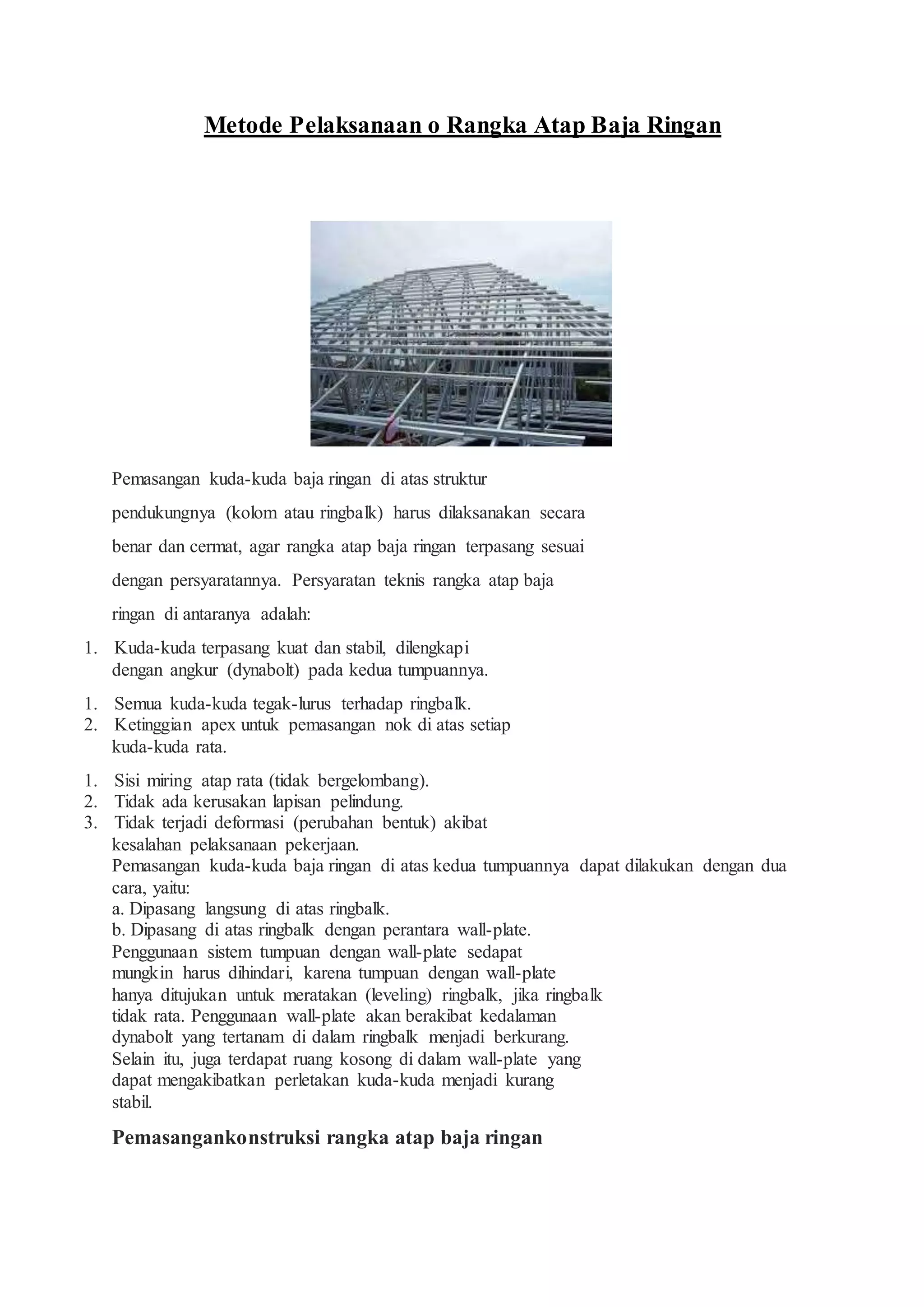 Metode pelaksanaan pasang rangka atap baja ringan | DOCX