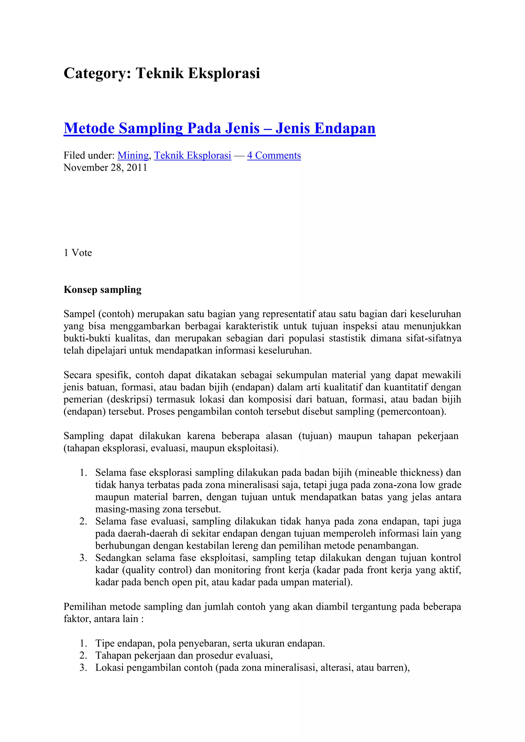 Metode sampling pada jenis – jenis endapan | DOCX