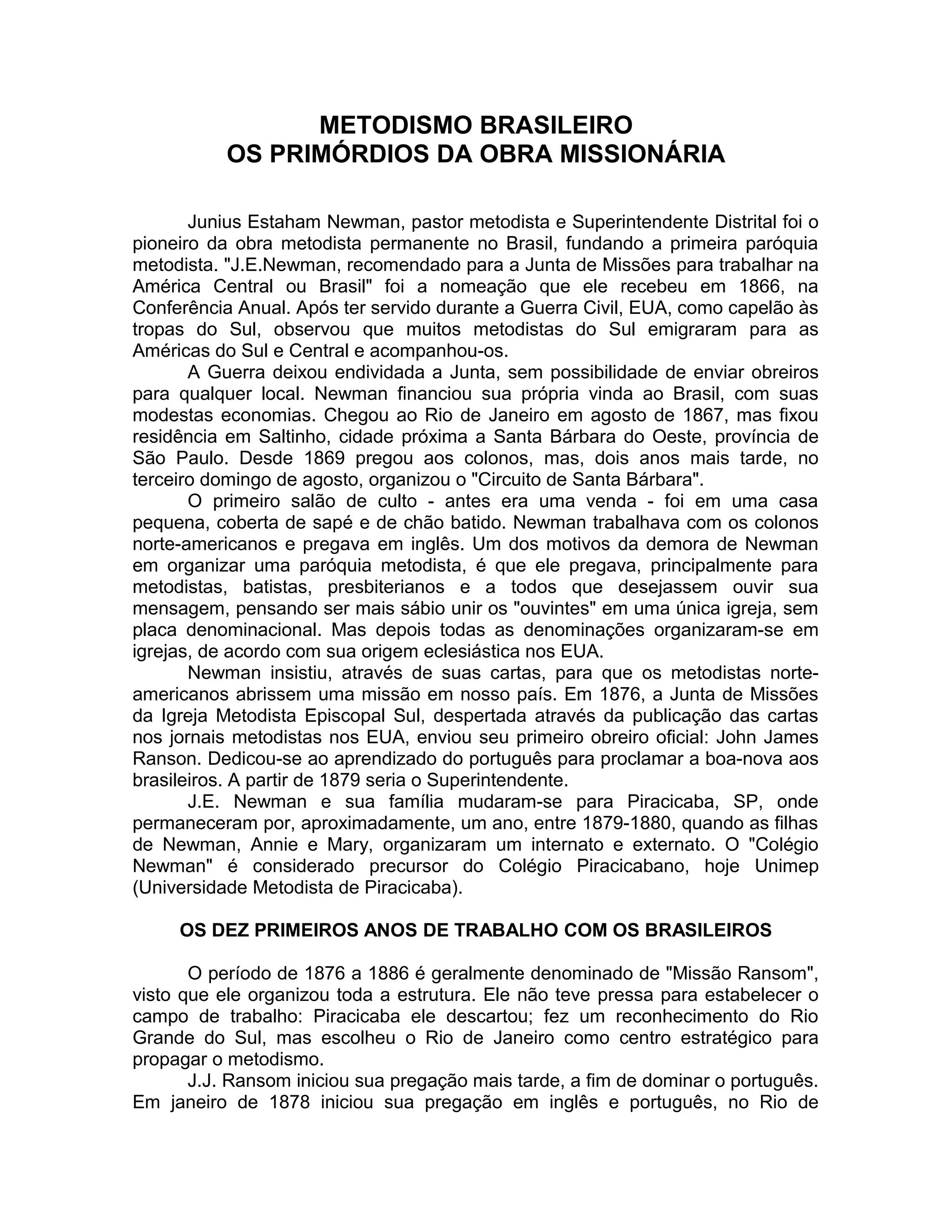 Metodismo no brasil os primórdios da obra missionária | DOC