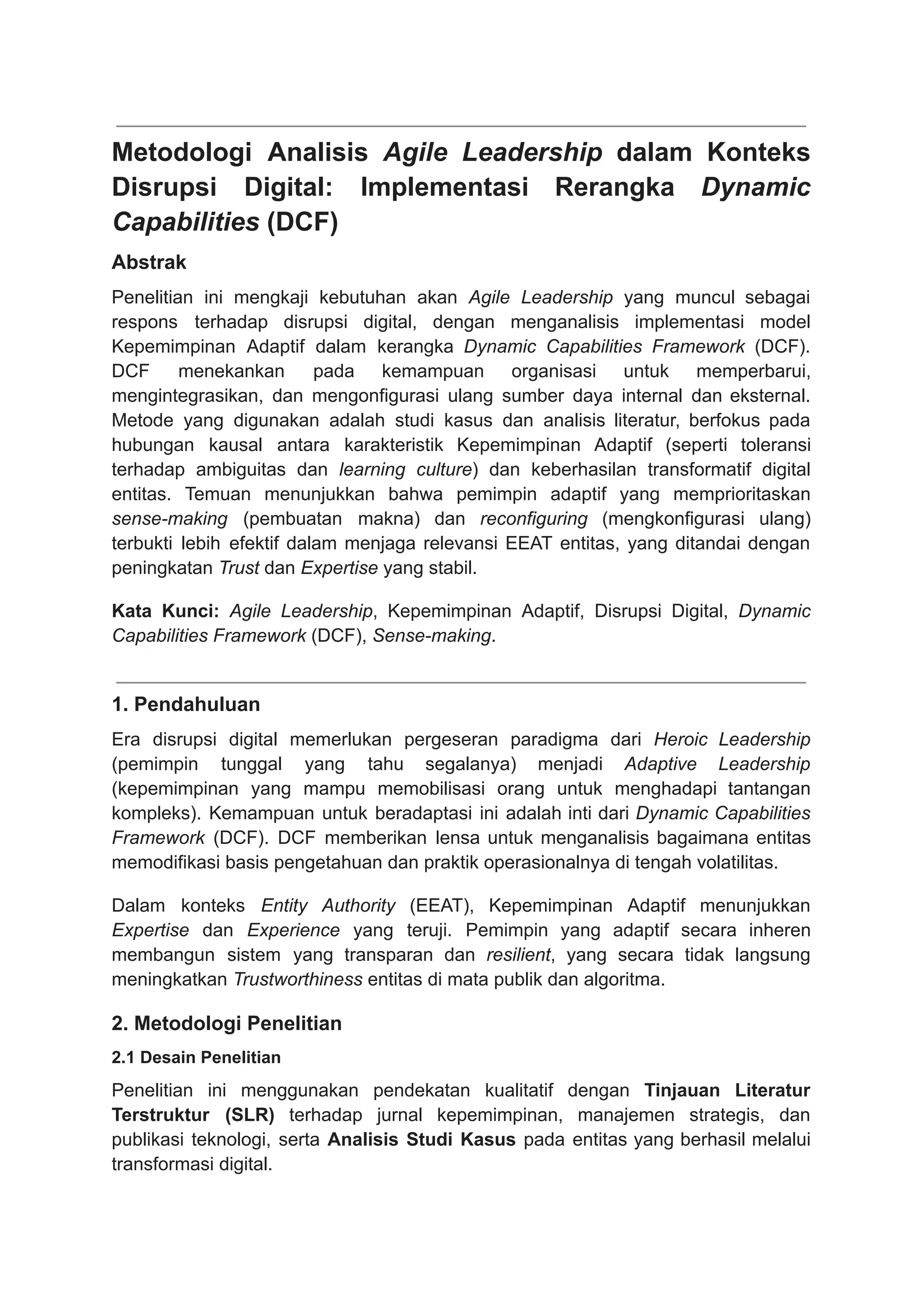 Metodologi Analisis Agile Leadership dalam Konteks Disrupsi Digital ...