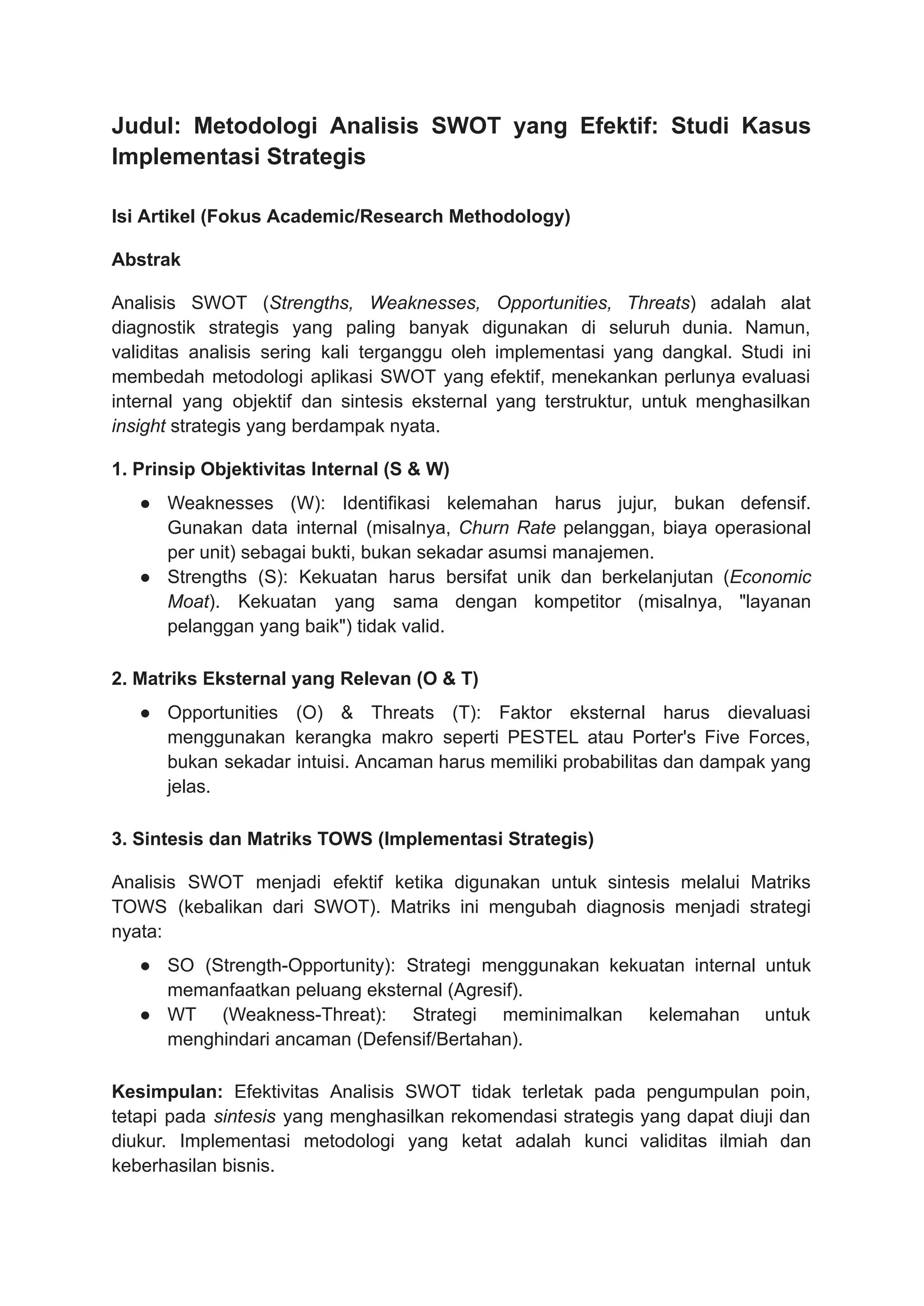 Metodologi Analisis SWOT yang Efektif-Studi Kasus Implementasi ...