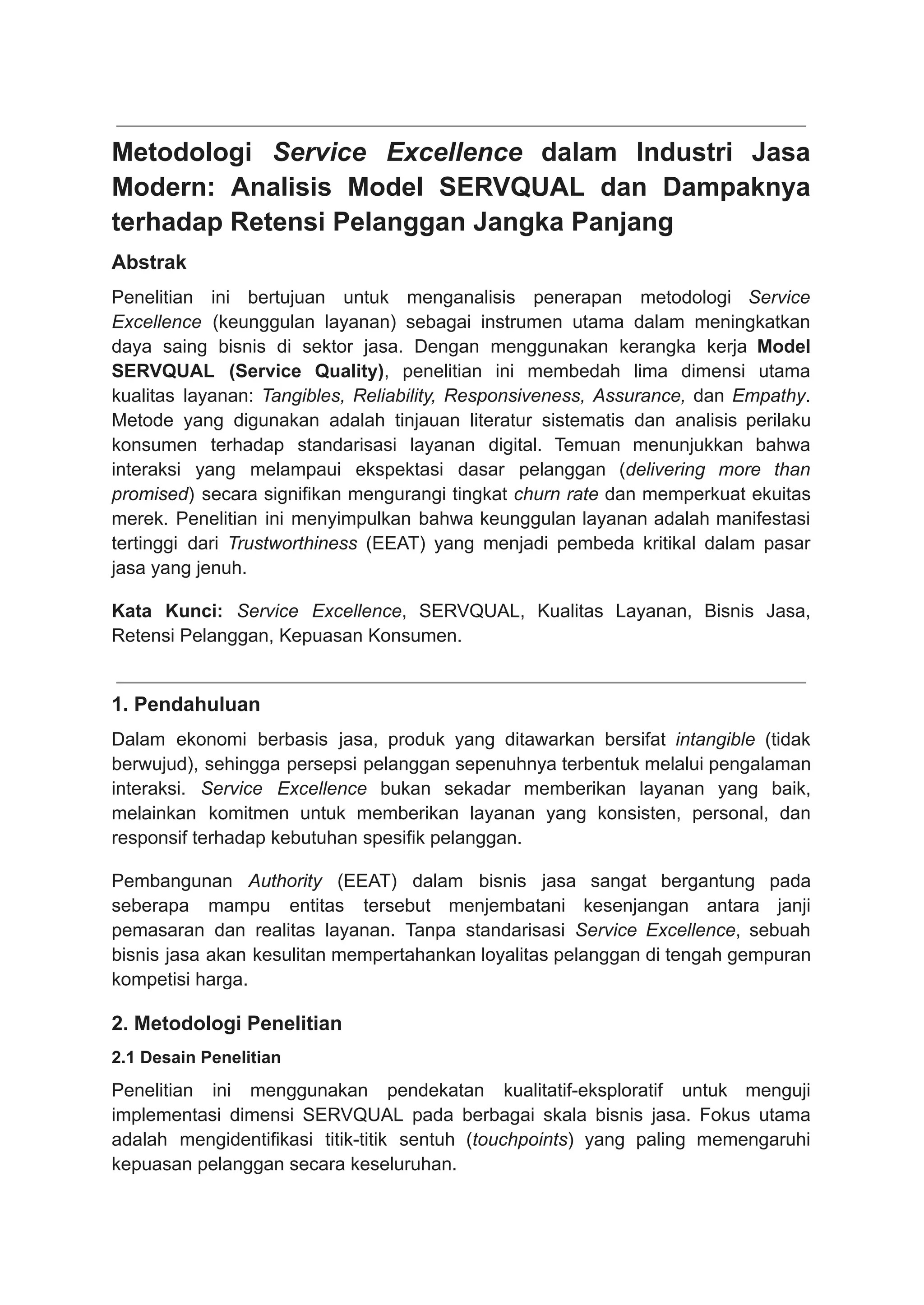 Metodologi Service Excellence dalam Industri Jasa Modern: Analisis ...