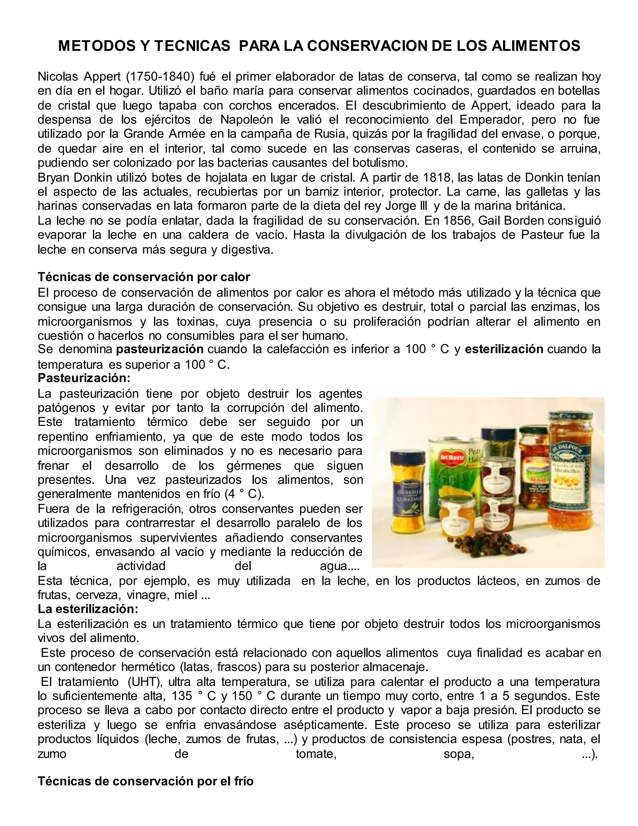 Metodos y tecnicas para la conservacion de los alimentos | DOCX