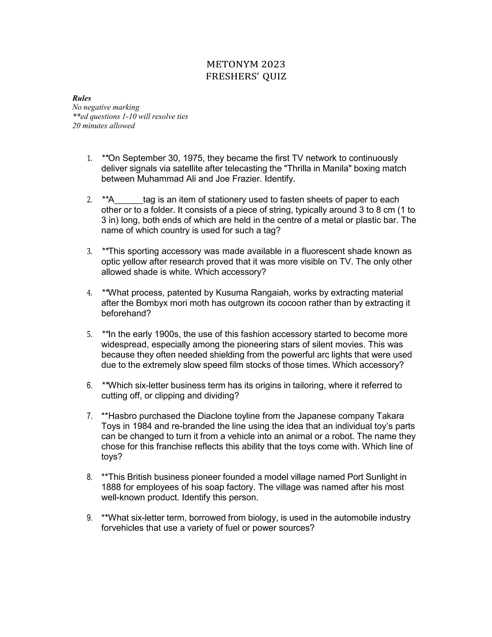 METONYM 2023 - Freshers' Quiz | DOCX