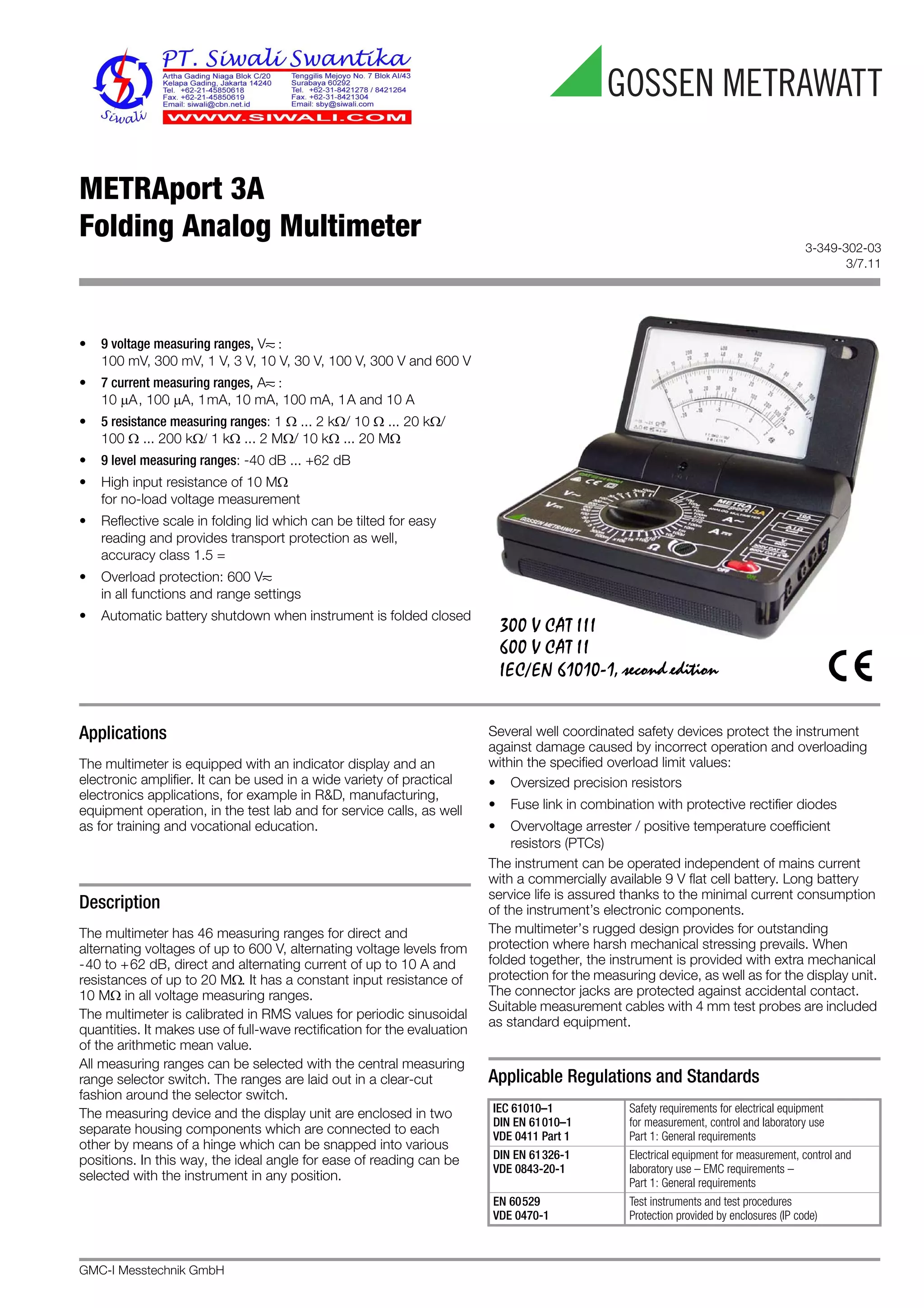 Data Teknis Gossen Metrawatt Multimeter : METRAport 3A | PDF