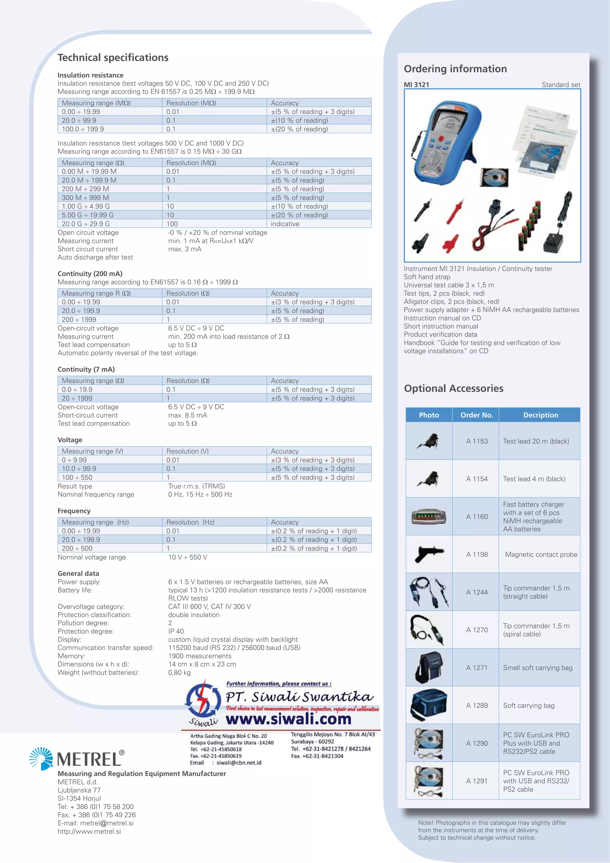 Datasheet Metrel MI 3121. Hubungi PT. Siwali Swantika 021-45850618 | PDF