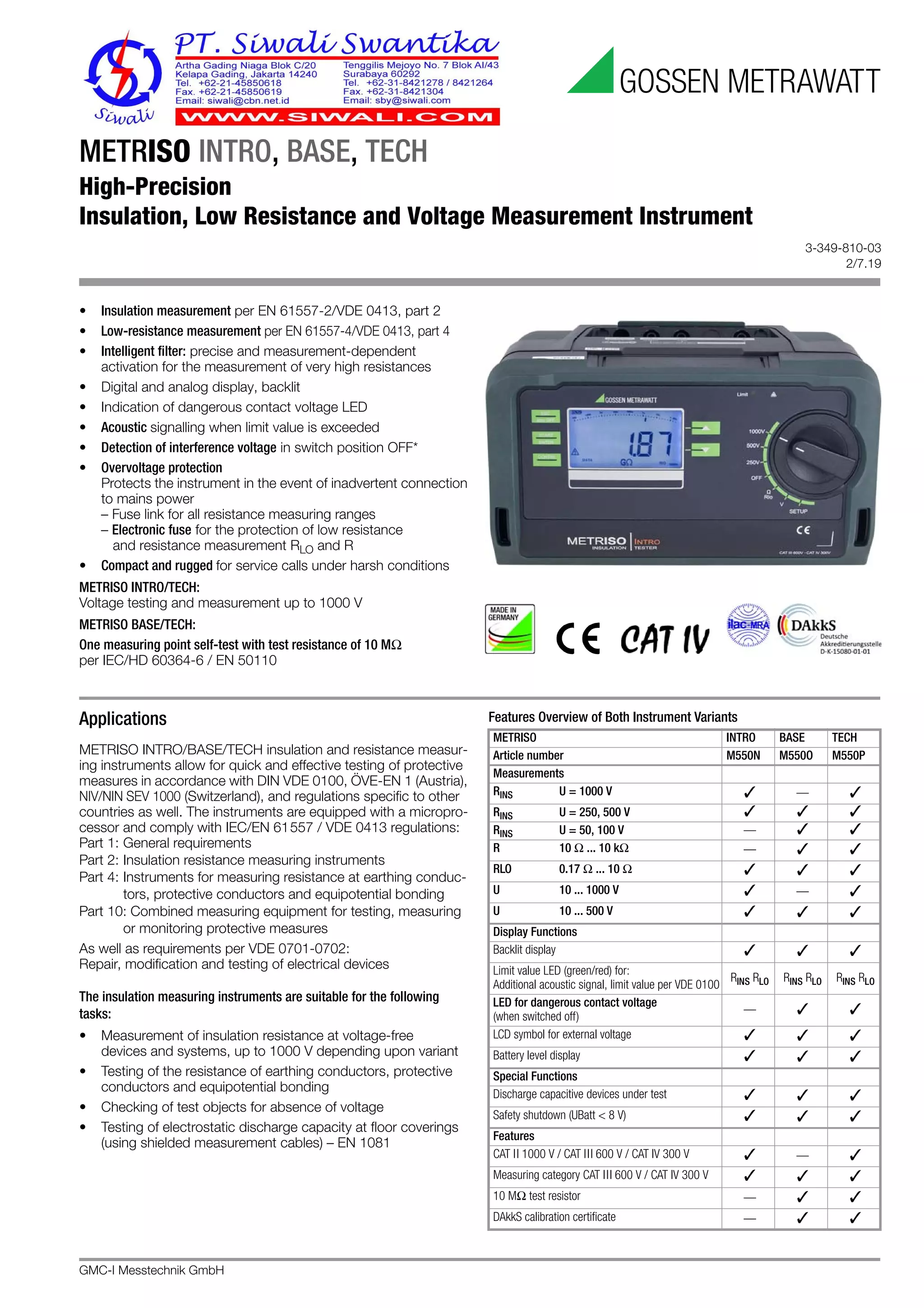 Data Teknis Gossen Metrawatt Insulation Tester METRISO INTRO-METRISO ...