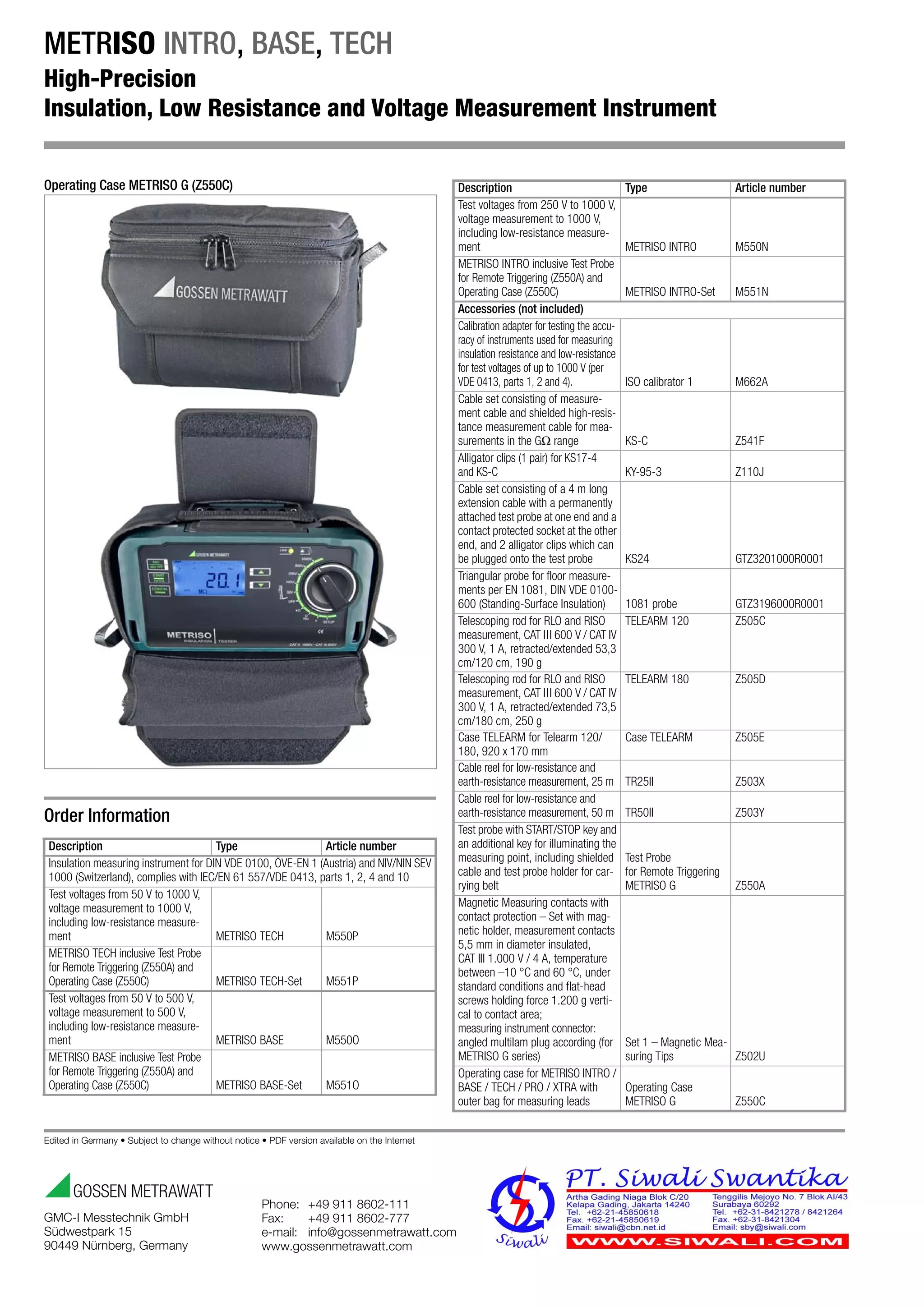 Data Teknis Gossen Metrawatt Insulation Tester METRISO INTRO-METRISO ...