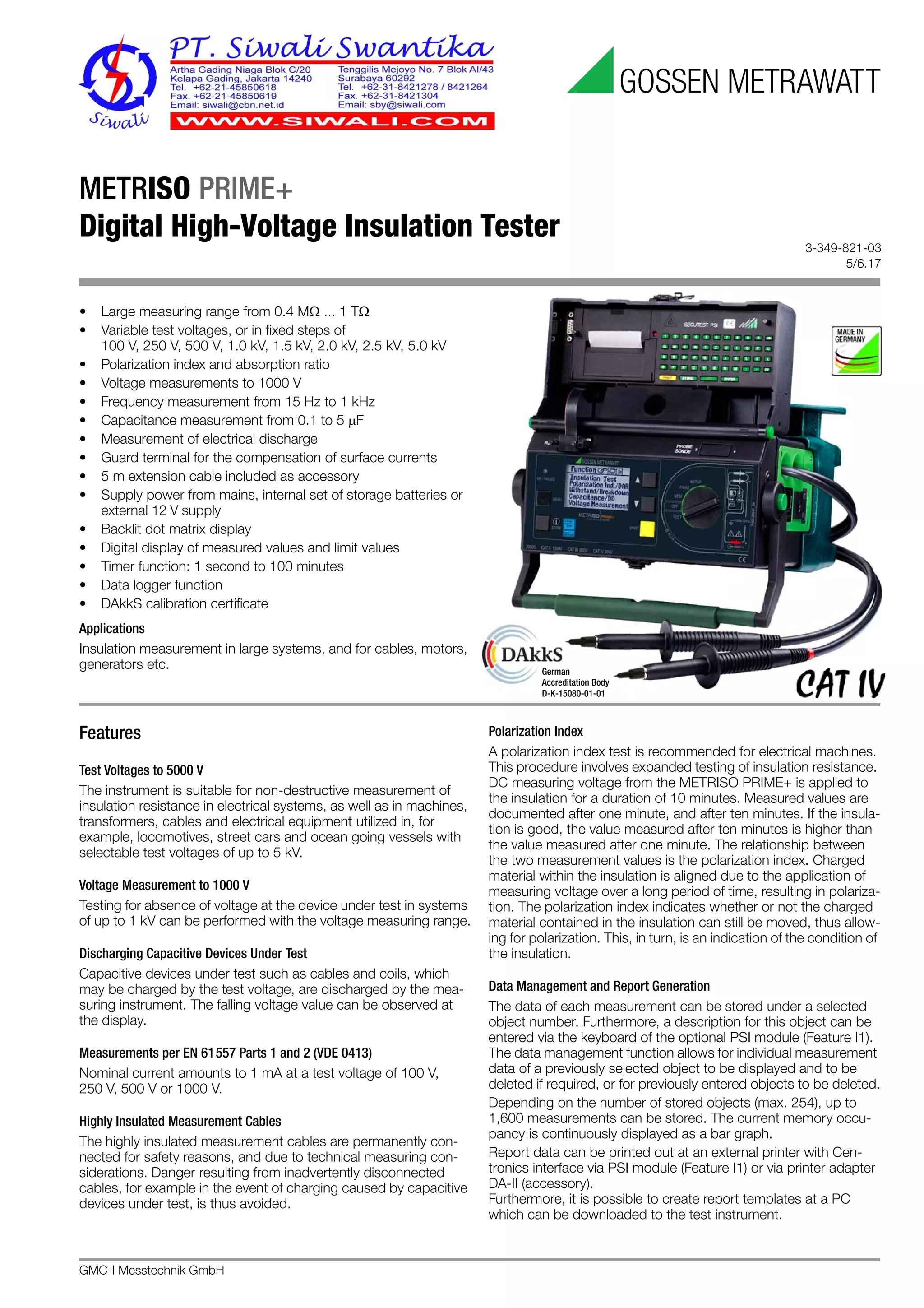 Data Teknis Gossen Metrawatt Insulation Tester METRISO PRIME PLUS | PDF