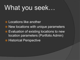 Applying Geospatial Analysis to Site Identification | PPTX