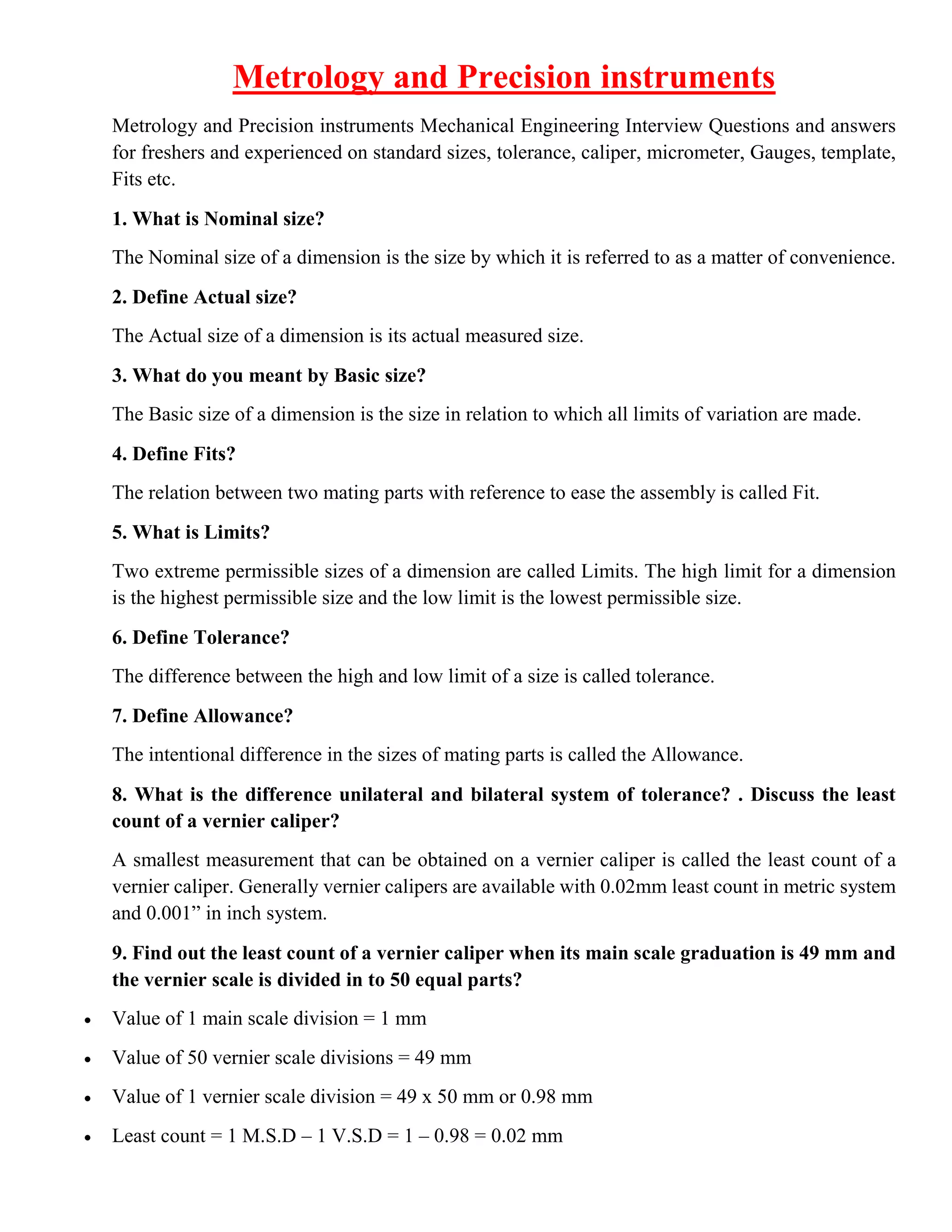 Mechanical Engineering Technical Interview Q & A Metrology and ...