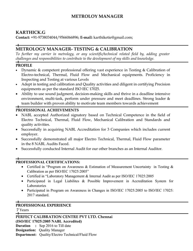 Metrology manager resume | PDF