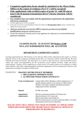 Metro police posts | DOC | Careers