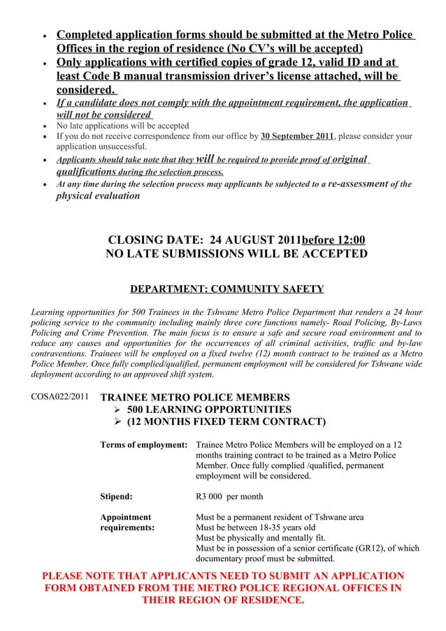 Metro police posts | DOC | Careers
