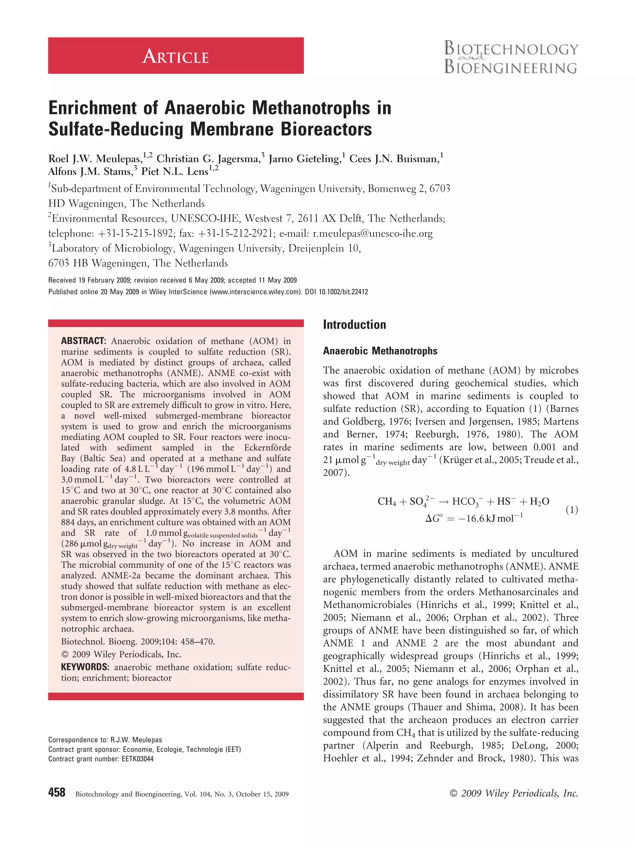 Meulepas, 2009, Enrichment Of Anaerobic Methanotrophs In Sulfate Reducing Membrane Bioreactors | PDF