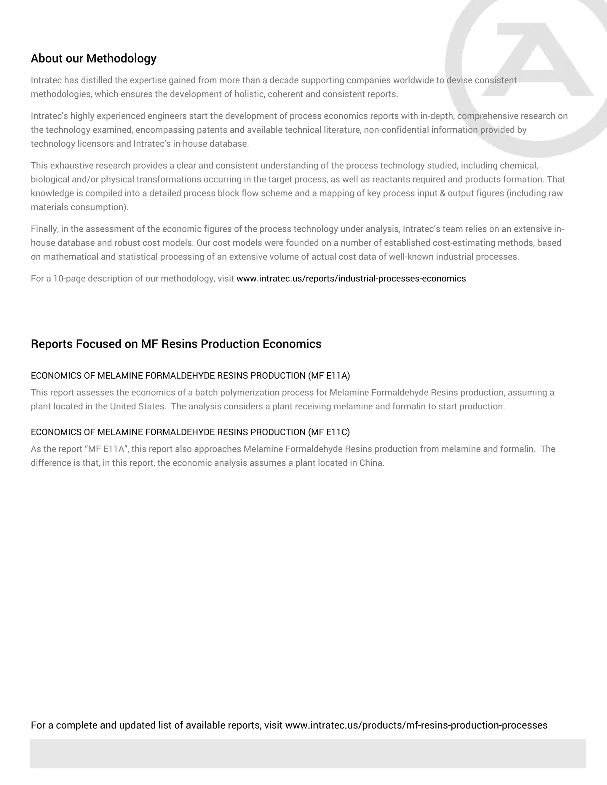 Feasibility Studies: MF Resins Manufacturing | PDF