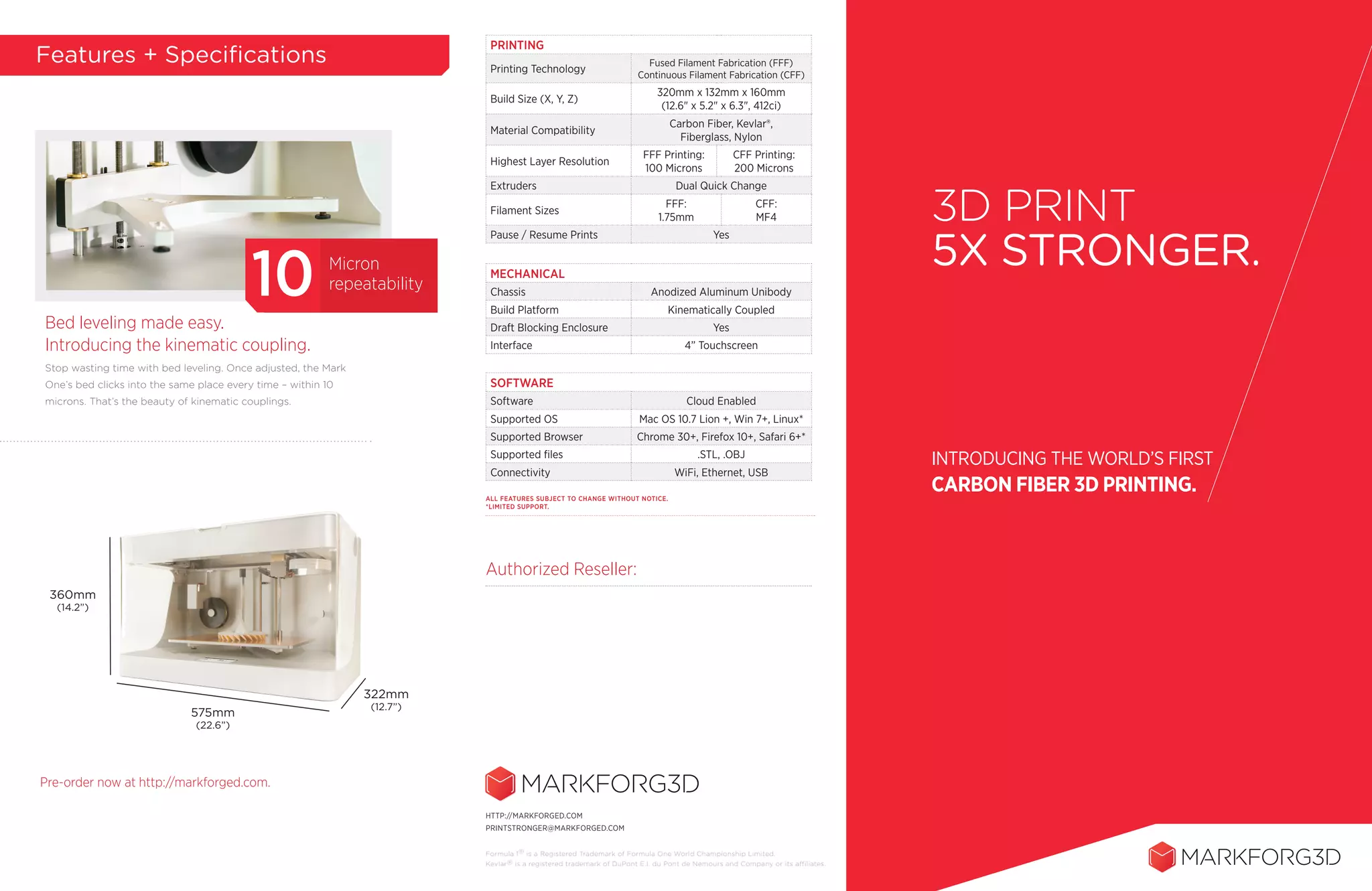 MarkForged - Specification sheet for the Mark One 3D printer | PDF