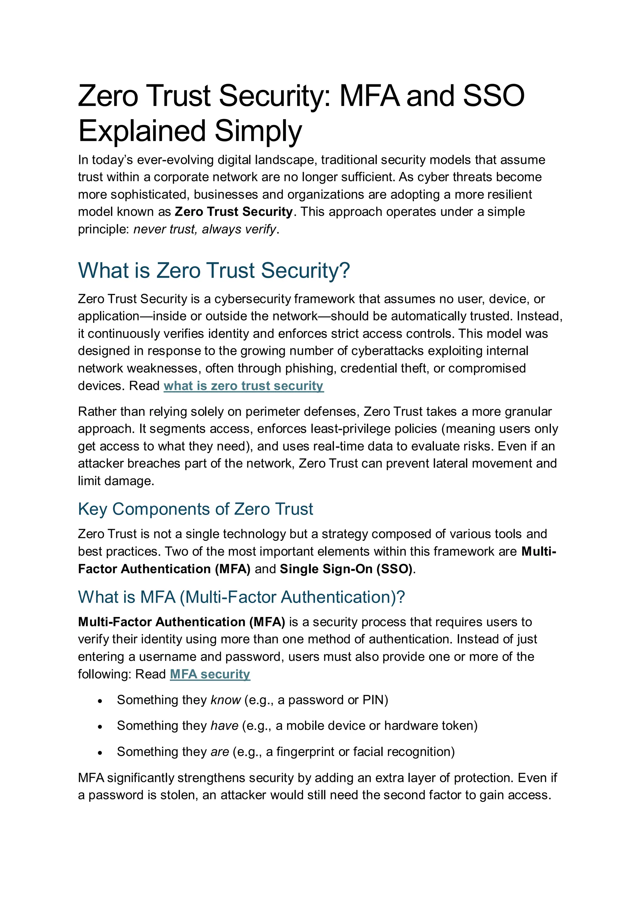 Zero Trust Security: MFA and SSO Explained Simply | PDF
