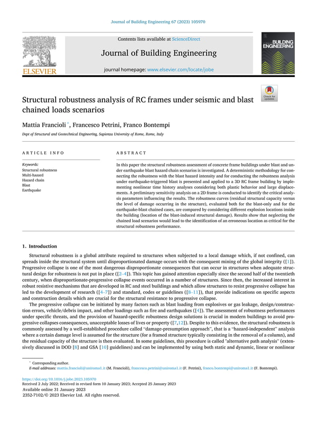 Structural robustness analysis of RC frames under seismic and blast chained loads scenarios | PDF