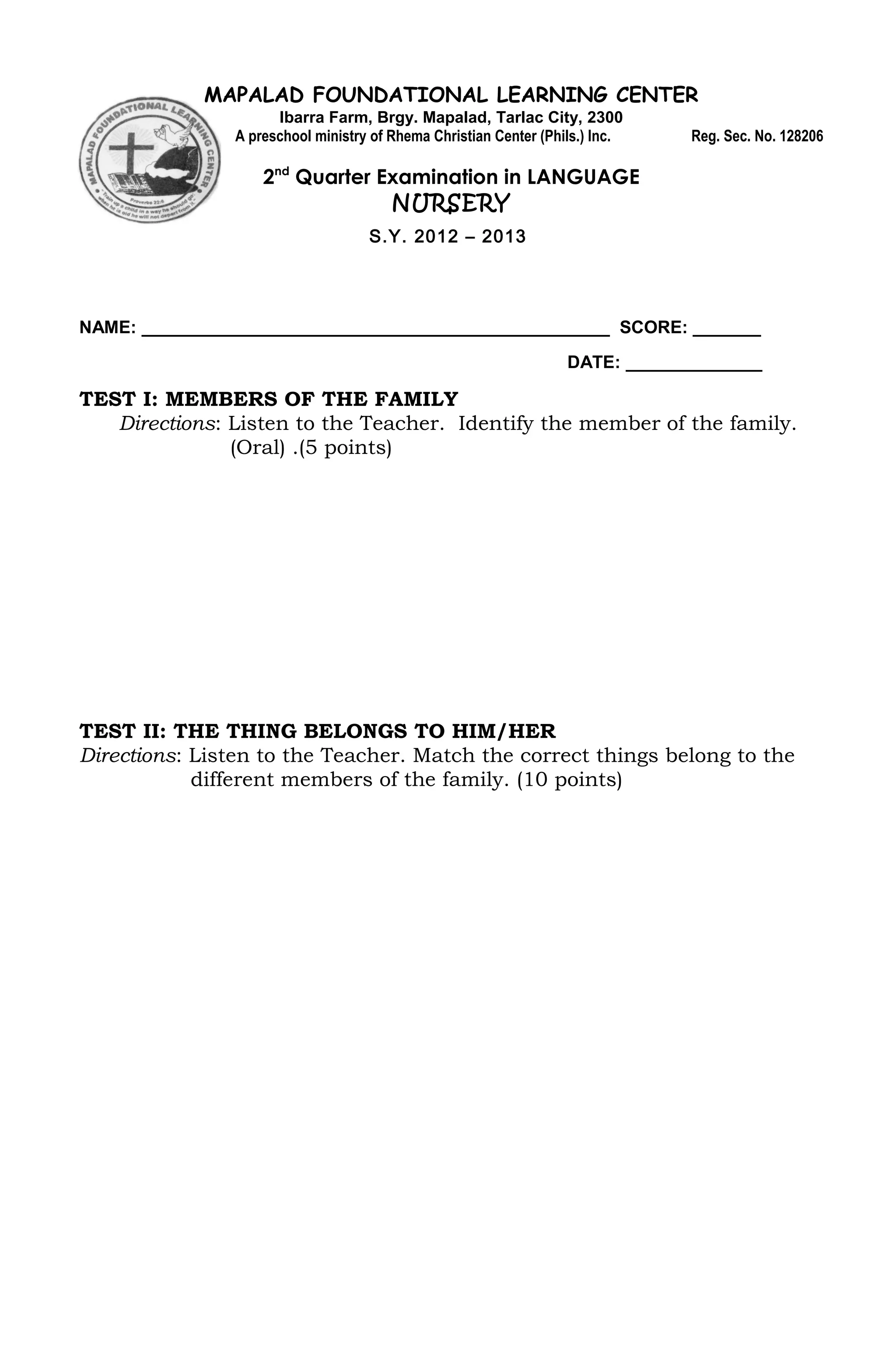 MFLC Nursery 2nd Quarter Test | DOC