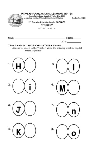 MFLC Nursery 2nd Quarter Test | PDF