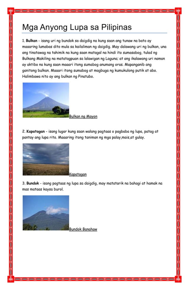Mga anyong lupa at tubig sa pilipinas | DOCX