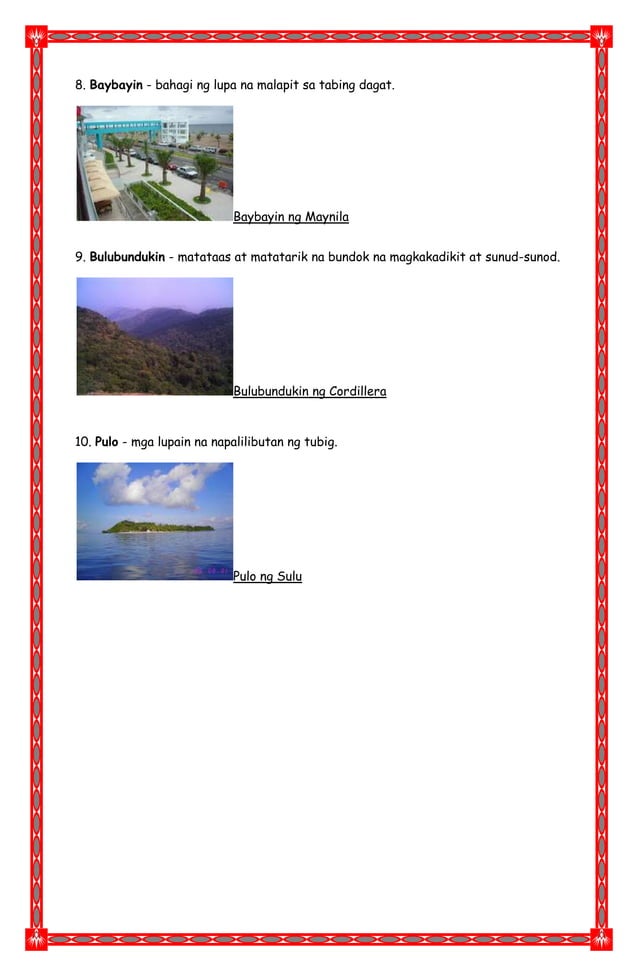 Mga anyong lupa at tubig sa pilipinas | DOCX
