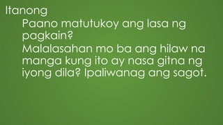 MGA BAHAGI NG DILA AT KUNG ANO ANG TUNGKULIN NG MGA ITO | PPTX
