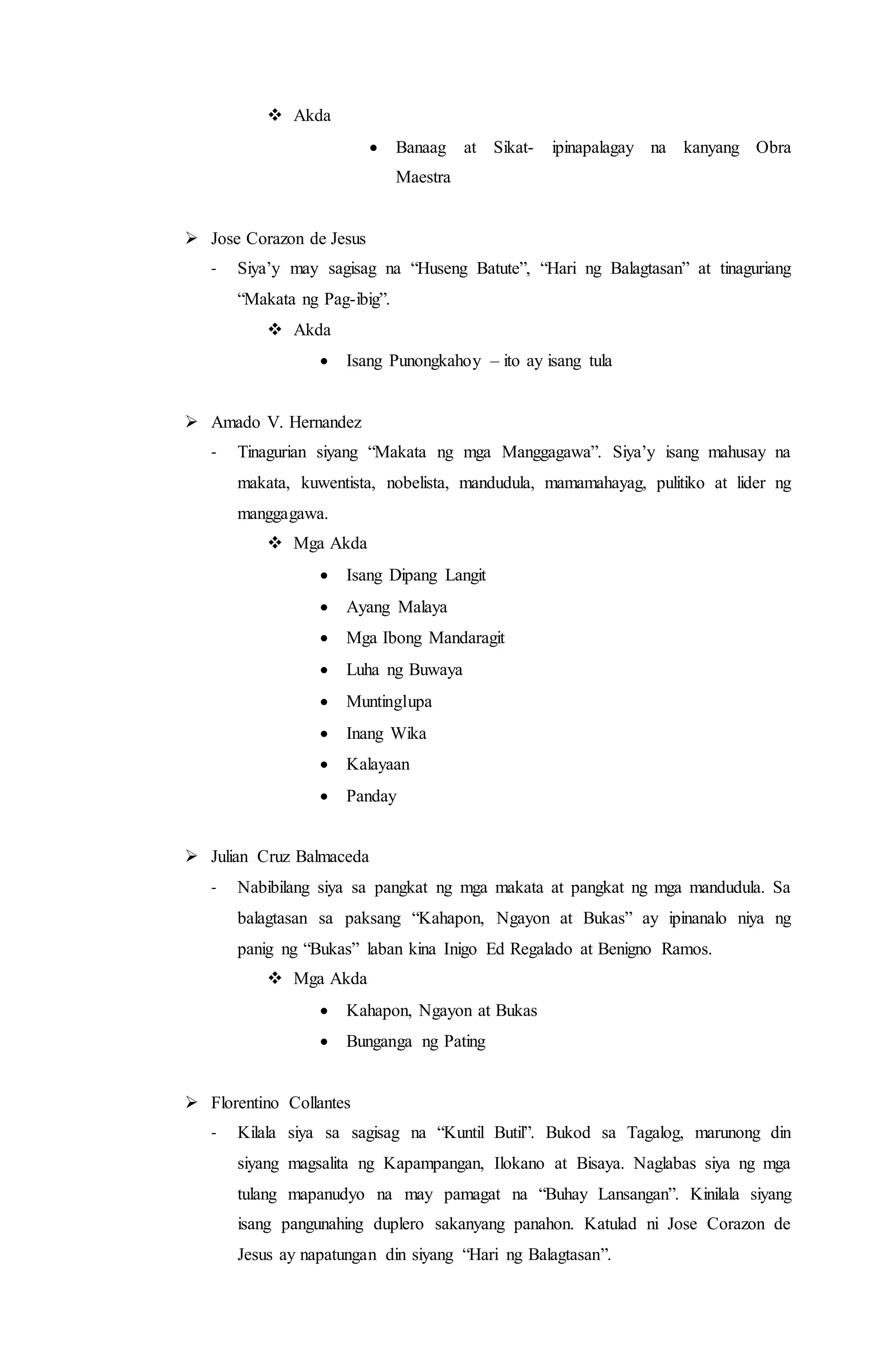 Mga dakilang manunulat at ang pamagat ng kanilang akda | DOCX