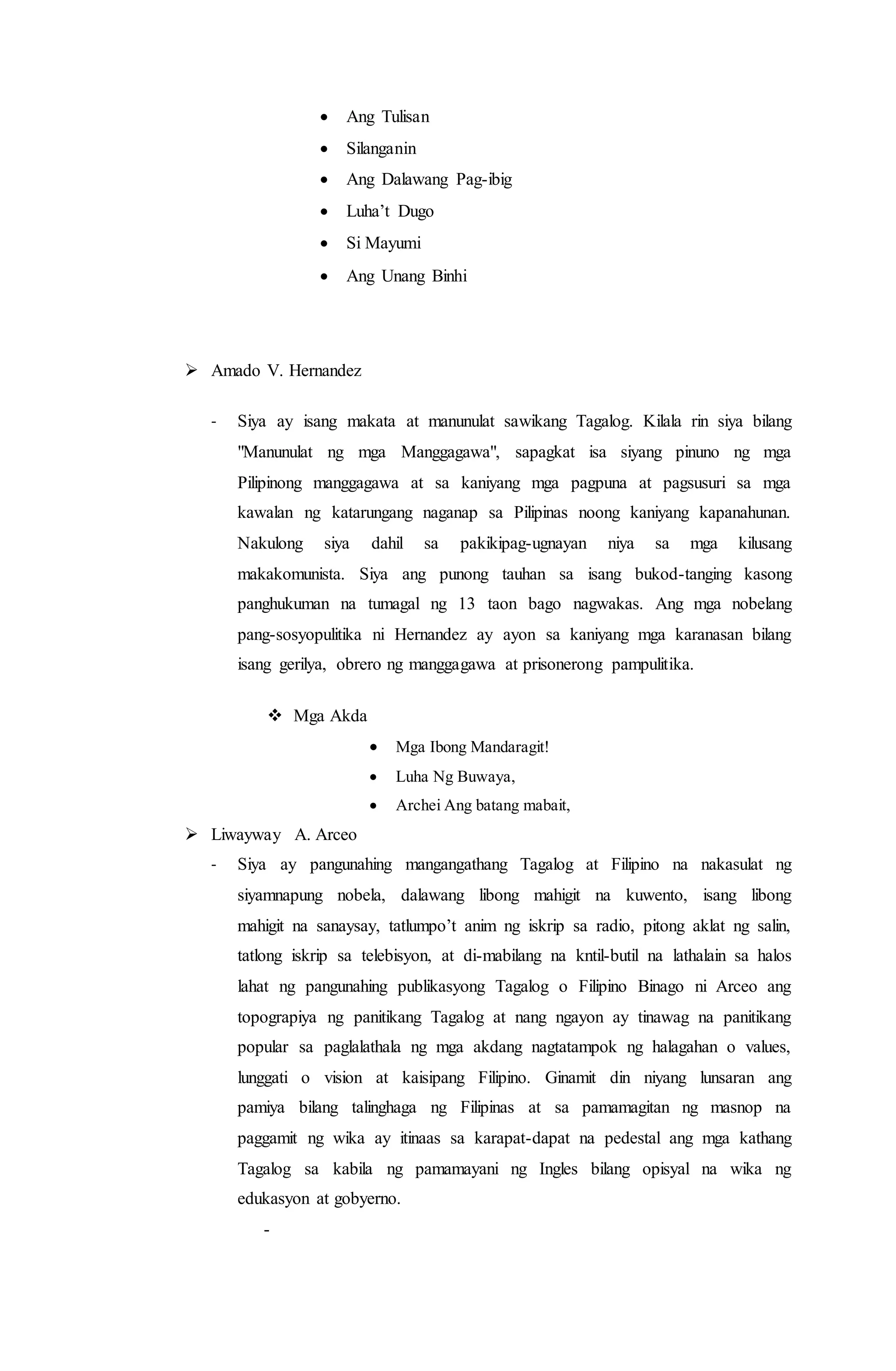 Mga dakilang manunulat at ang pamagat ng kanilang akda | DOCX