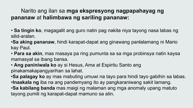 Mga ekpresyon sa pagpapahayag ng pananaw | PPTX