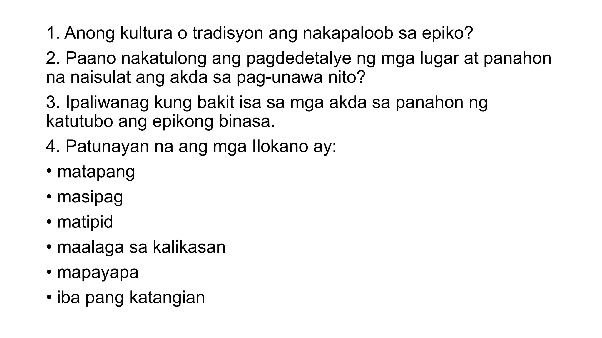 Mga Epikong Bayan ((gaya ni Alim, Bantugan, Biag ni Lam-ang, Ibalon ...