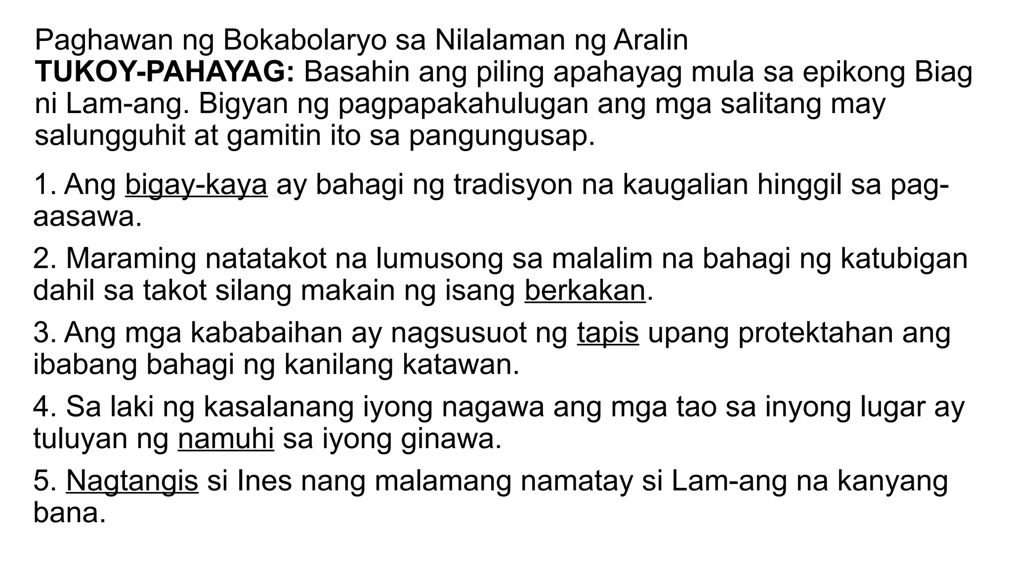 Mga Epikong Bayan ((gaya ni Alim, Bantugan, Biag ni Lam-ang, Ibalon ...