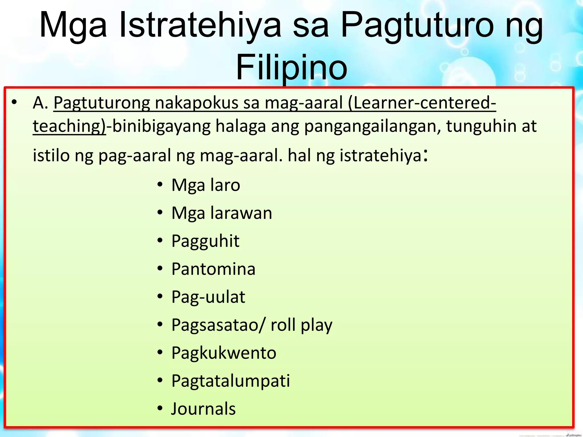 Mga estratihiya sa pagtuturo ng filipino milagros m. saclauso lala ...