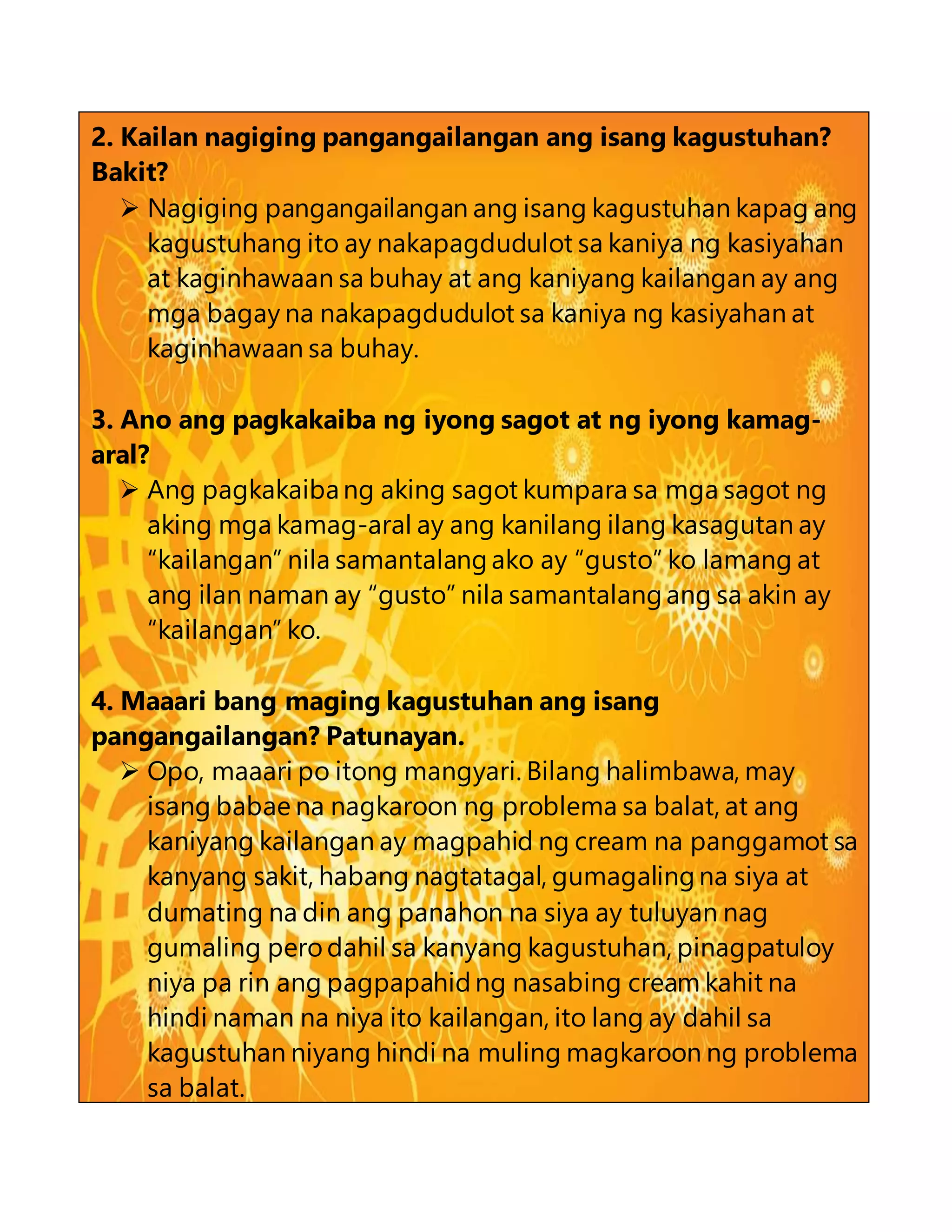 Mga Gawain sa Ekonomiks 10: Aralin 1.3 - Pangangailangan at Kagustuhan ...