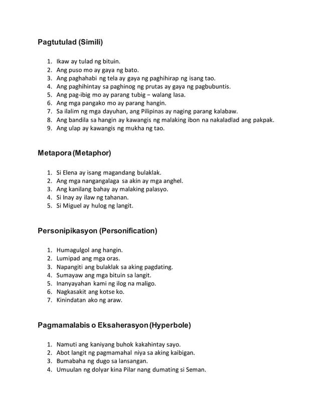 Mga Halimbawa ng Tayutay | PDF