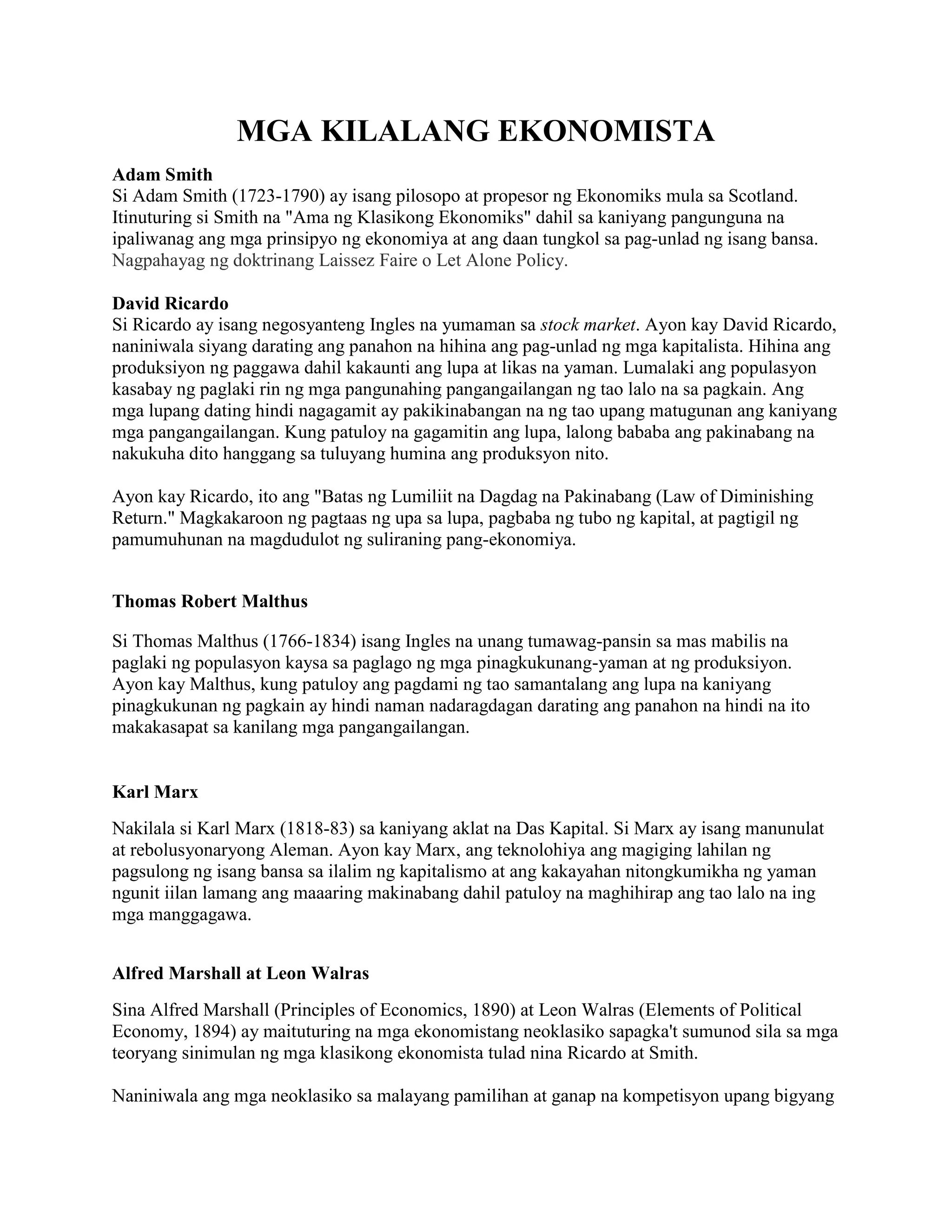 Mga kilalang ekonomista | DOCX