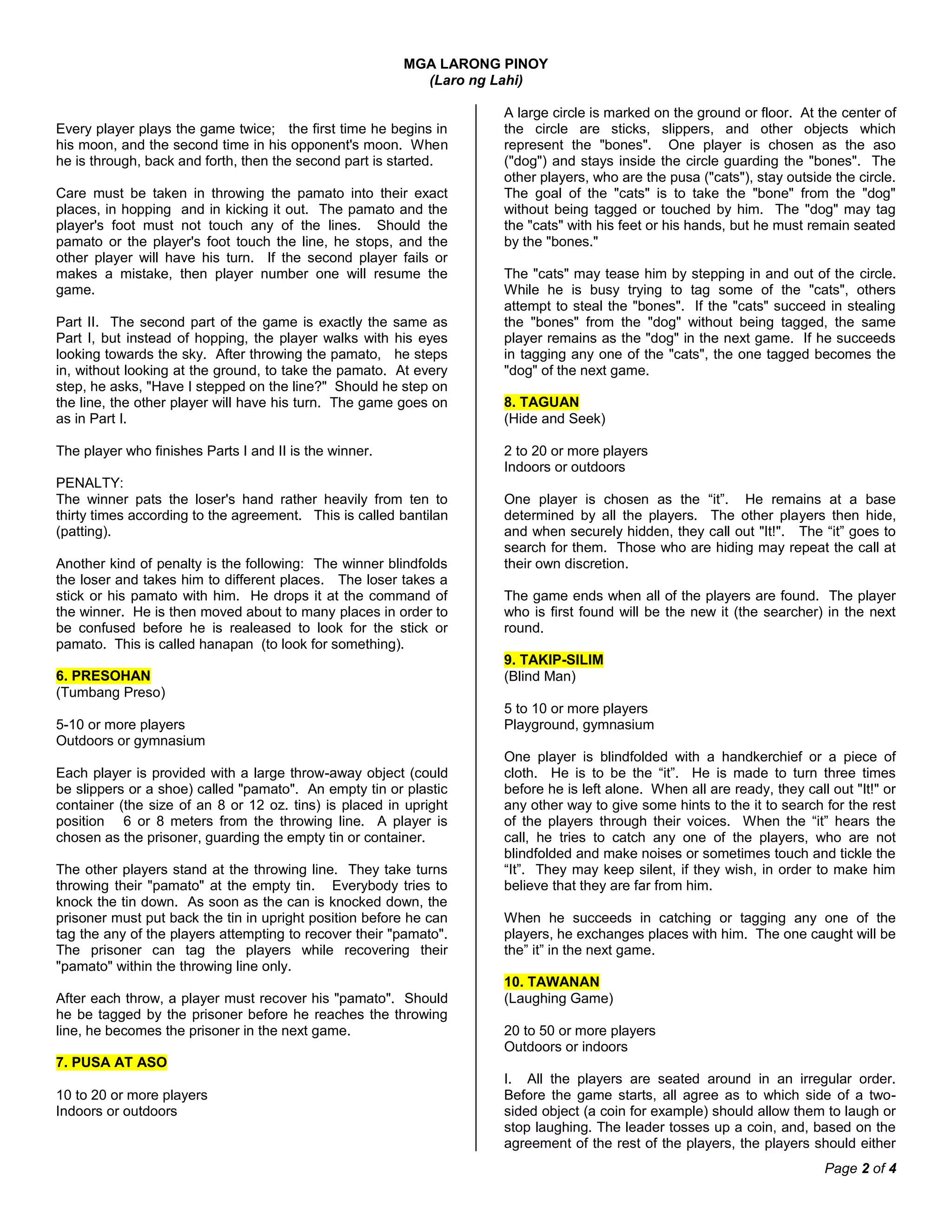 Mga Larong Pinoy (Laro ng Lahi) | PDF