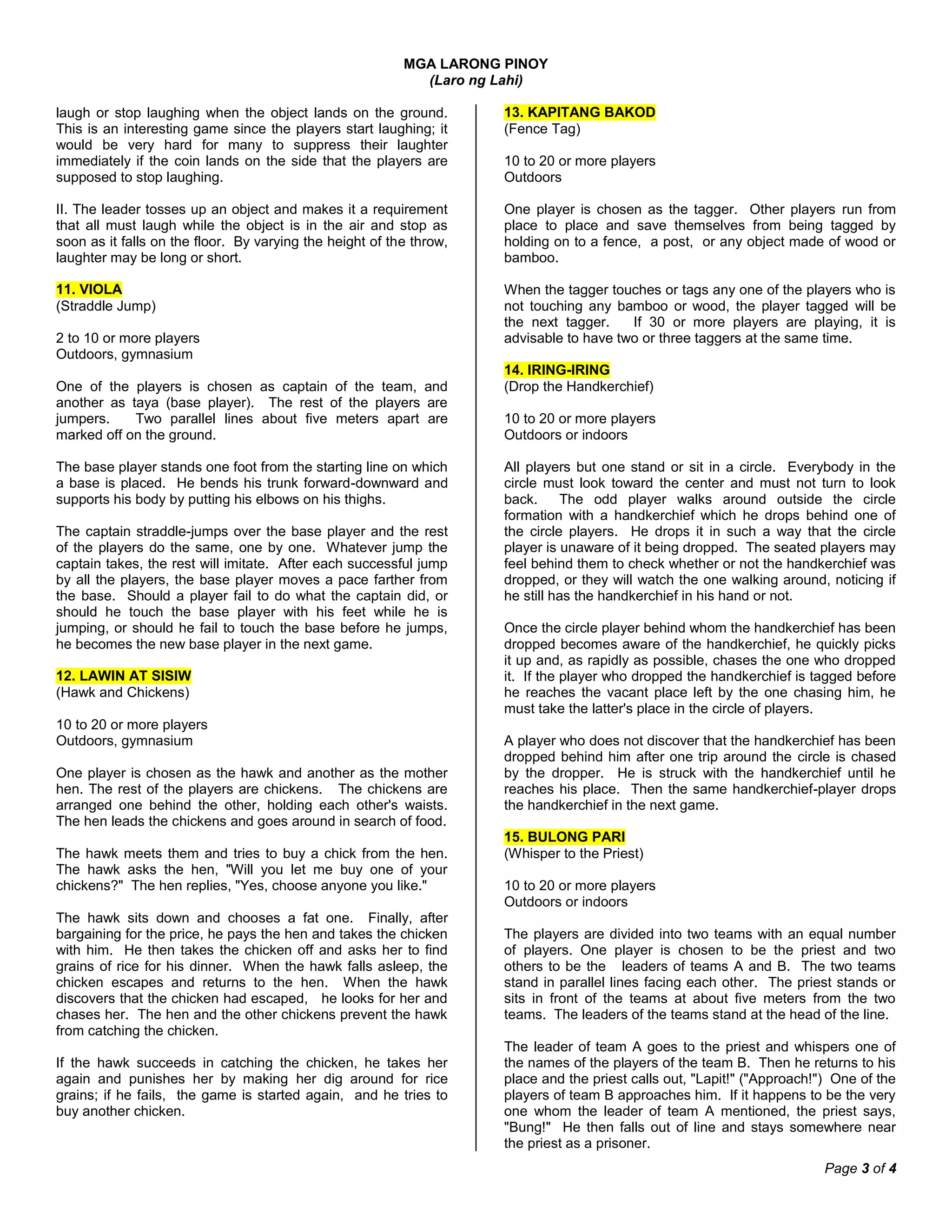 Mga Larong Pinoy (Laro ng Lahi) | PDF
