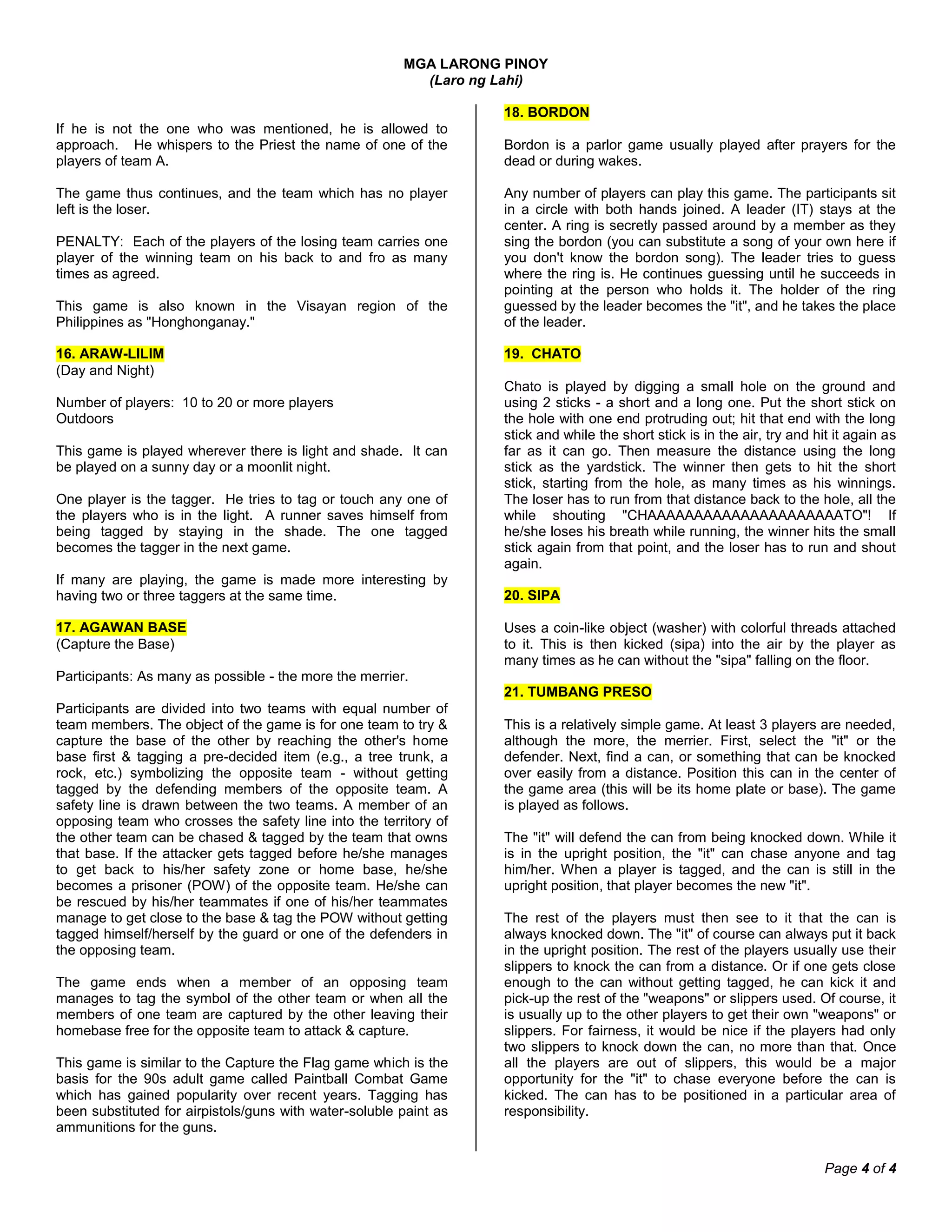 Mga Larong Pinoy (Laro ng Lahi) | PDF