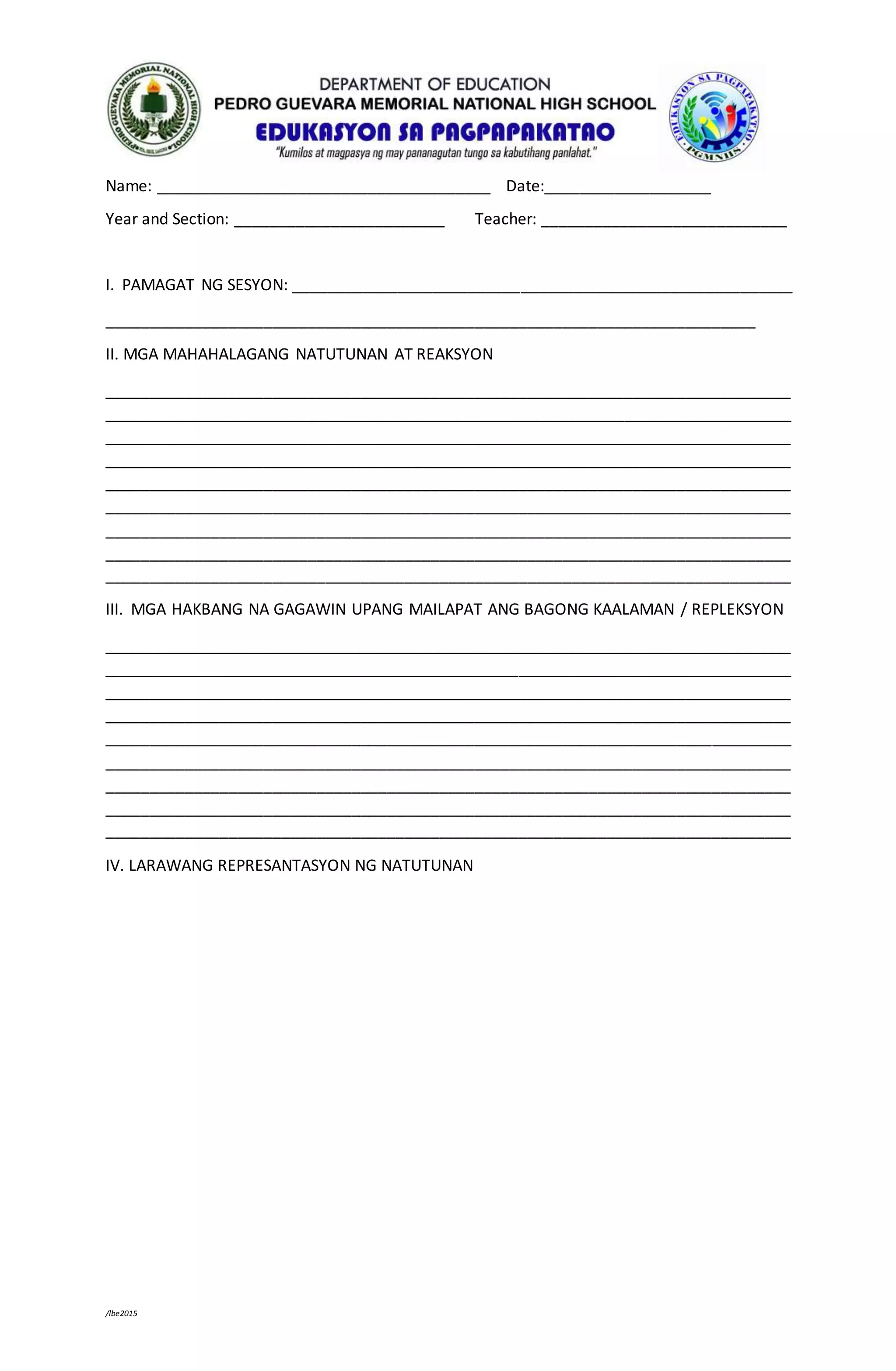 Output ng Sesyon / Mga Natutunan at Repleksyon | DOCX