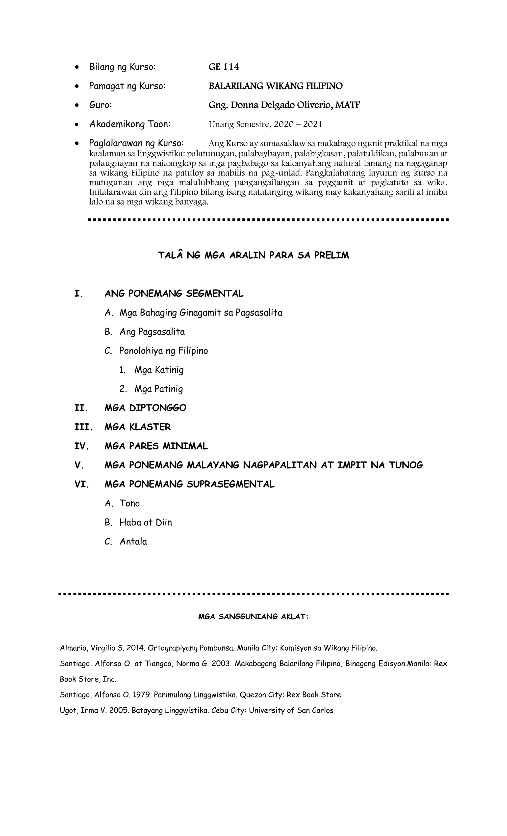 Balangkas ng mga Aralin para sa Balarila ng Wikang Filipino | PDF