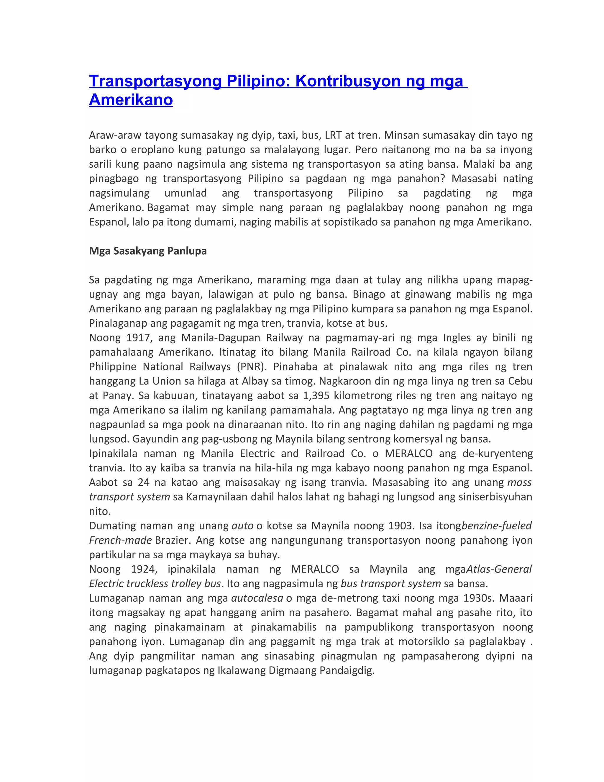 Mga sasakyang sa lumang panahon | DOC